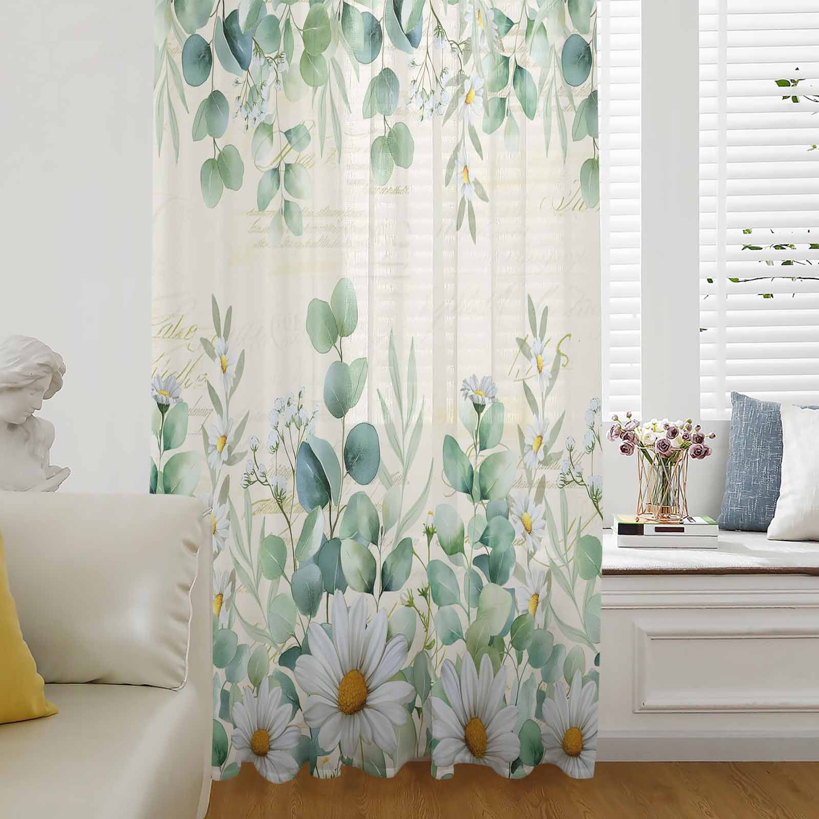 Green Eucalyptus Leaves Semi Sheer Curtains Drapes for Living Room ...