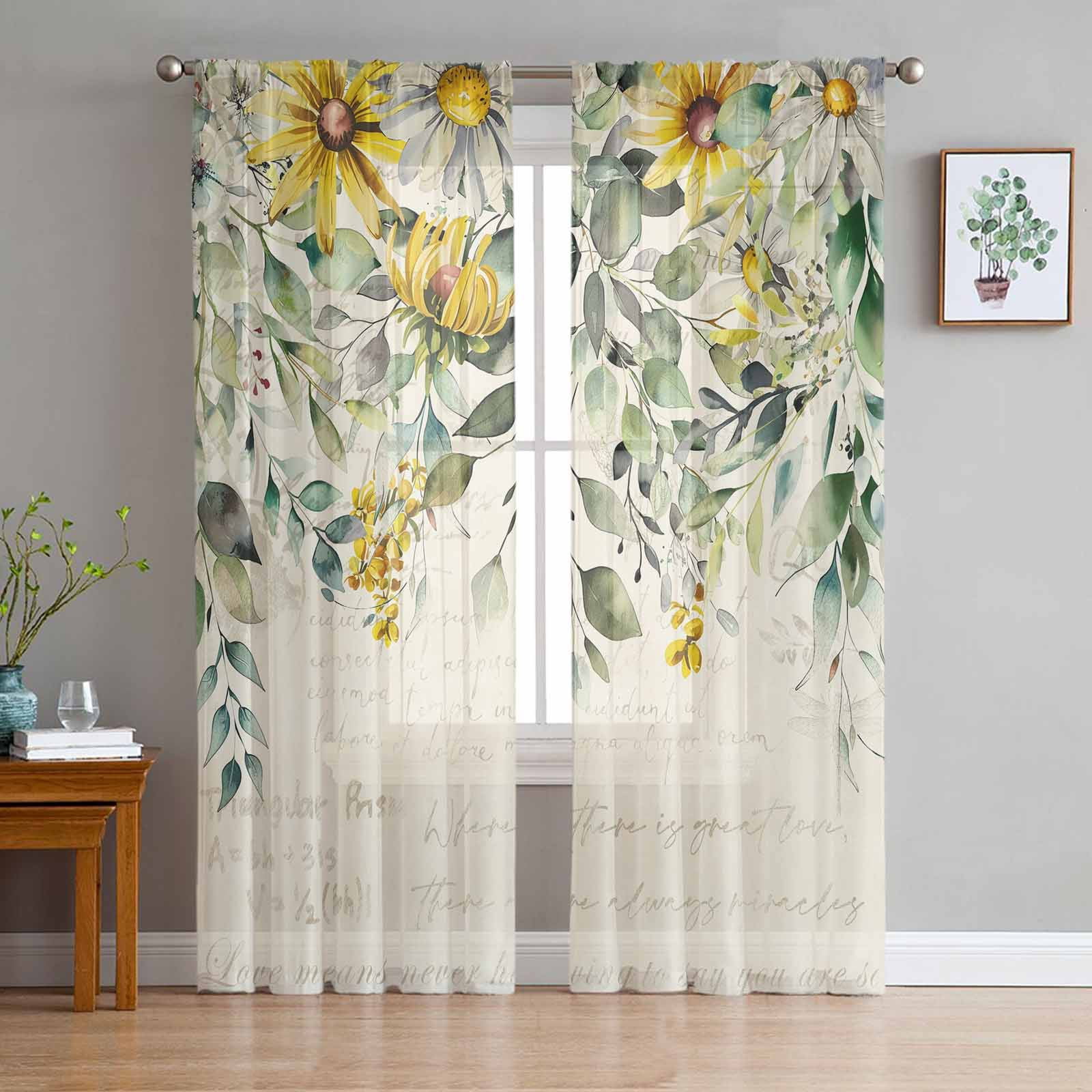 Green Eucalyptus Leaves Semi Sheer Window Curtains 108 Inches Long ...