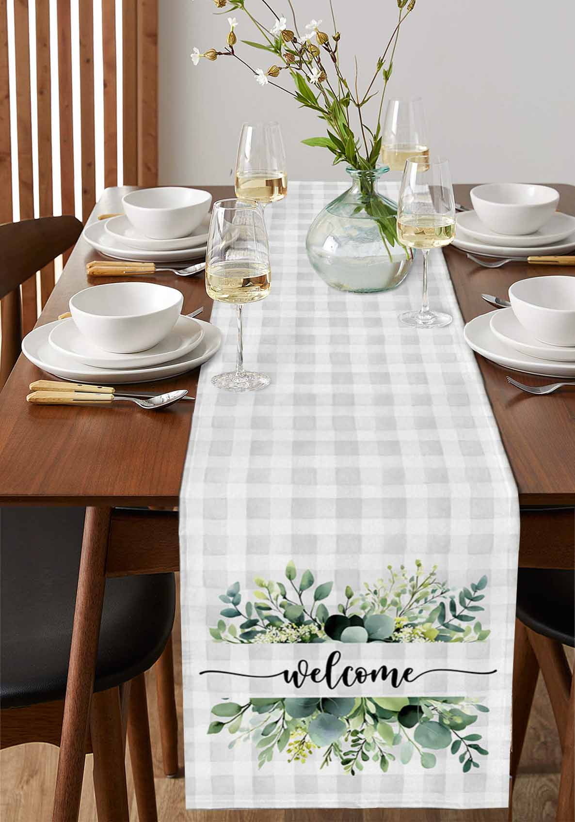 Green Eucalyptus Leaves Table Runner 13x72in Non-Slip Cotton Linen ...