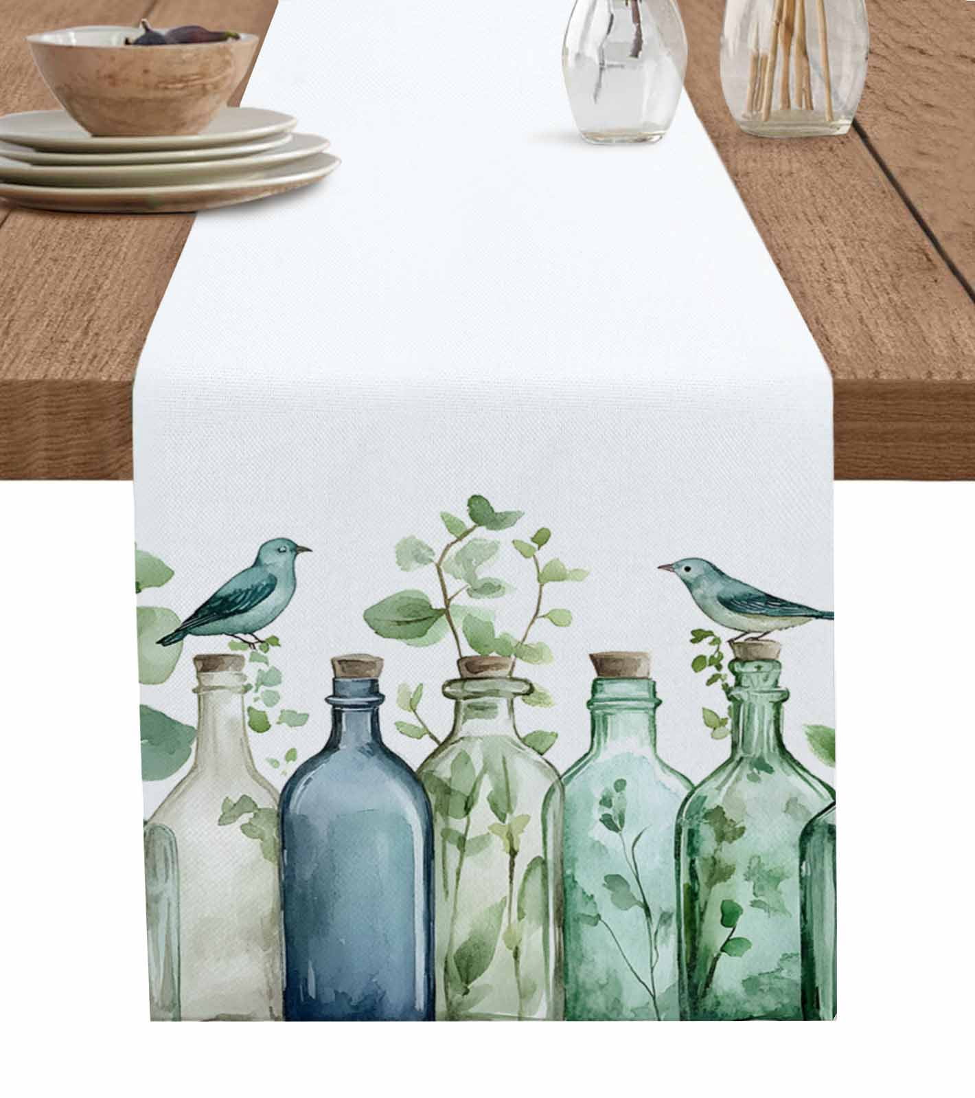 Green Eucalyptus Leaves Table Runner 72 Inches, Spring Vase Birds ...