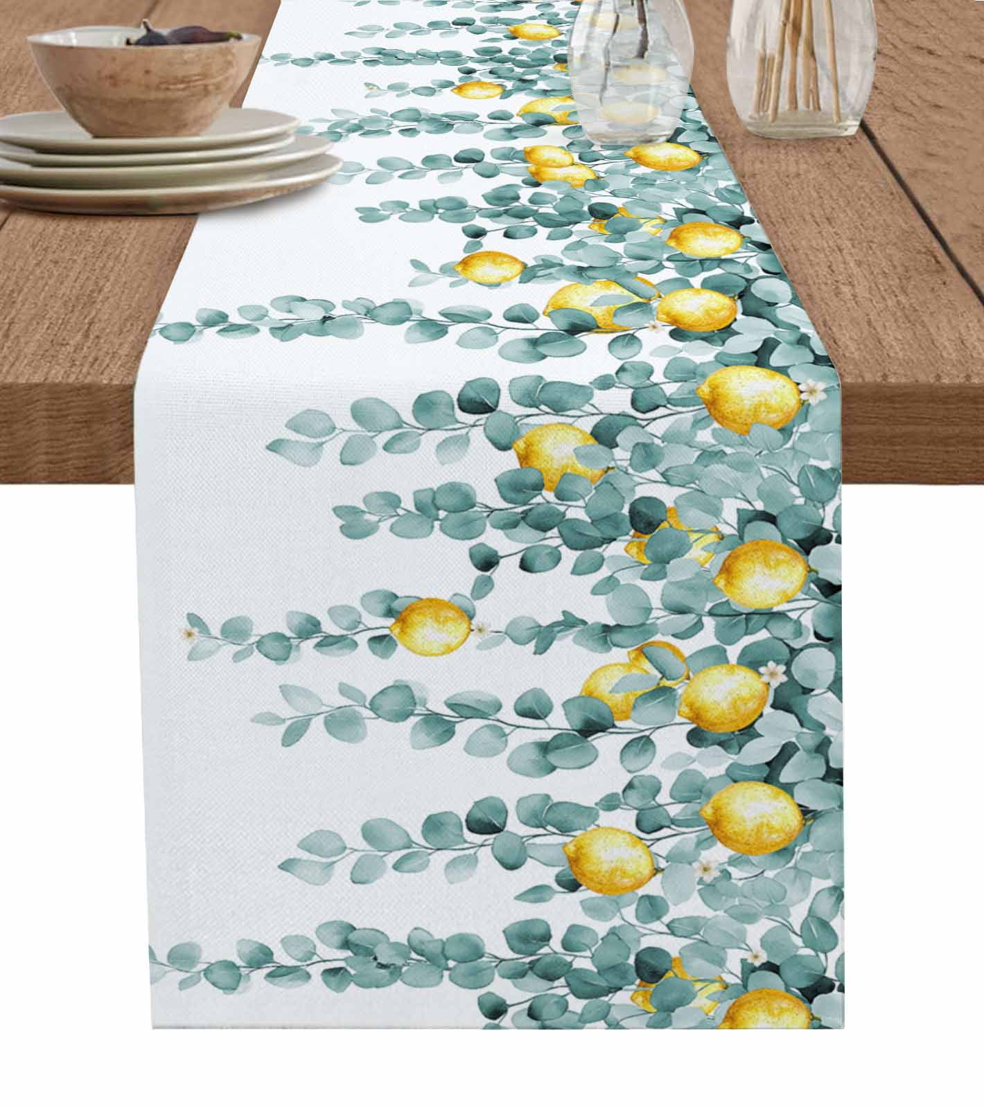 Green Eucalyptus Leaves Table Runner 72 Inches, Spring Yellow Lemon ...