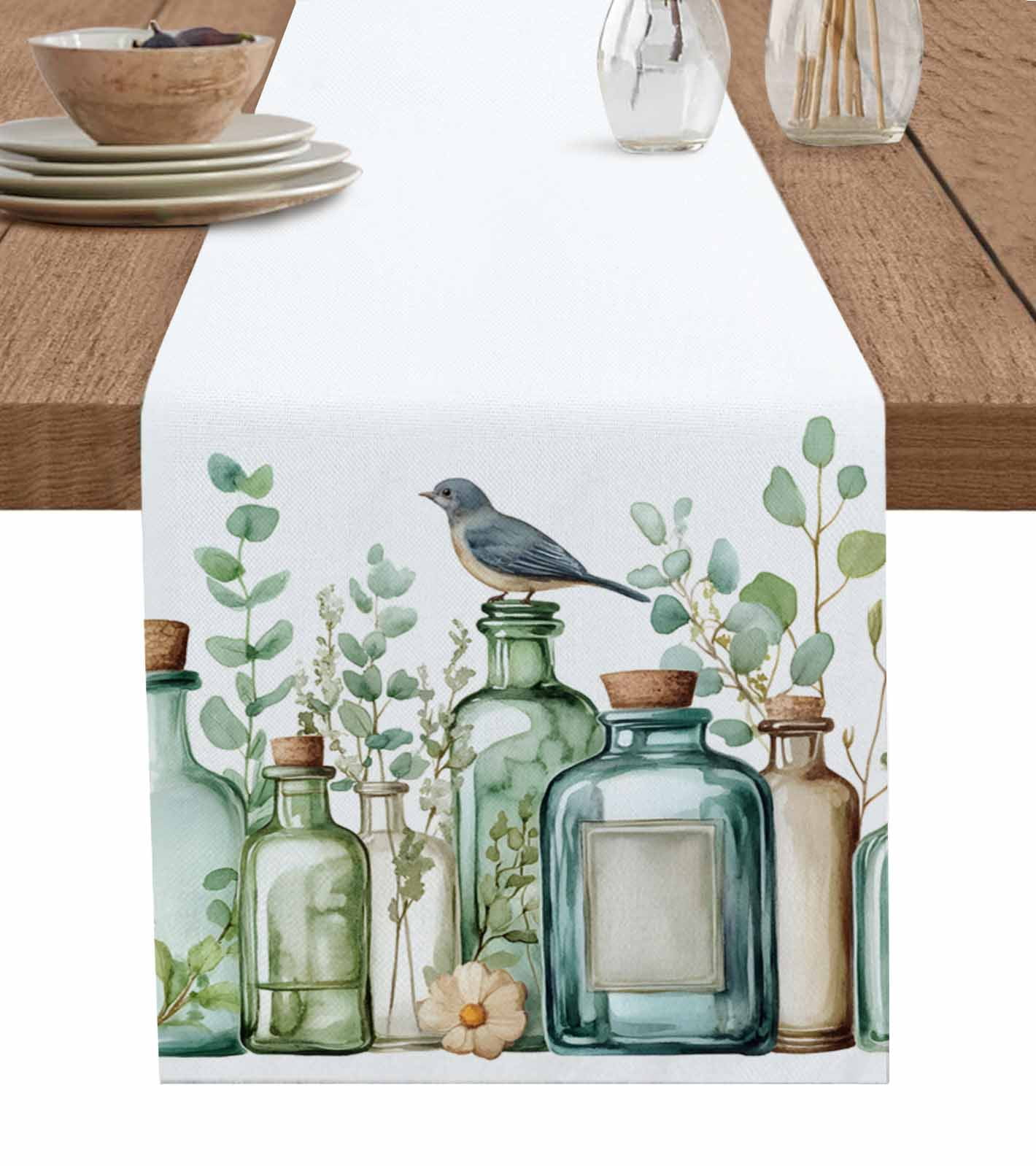 Green Eucalyptus Leaves Table Runner 90 Inches, Watercolor Vase Birds Botanical Bed Runner ...