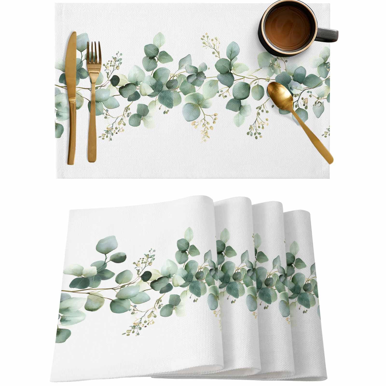 Green Eucalyptus Leaves Vine Placemats Set of 4,Wipeable Washable Table Mats for Dining Tables ...