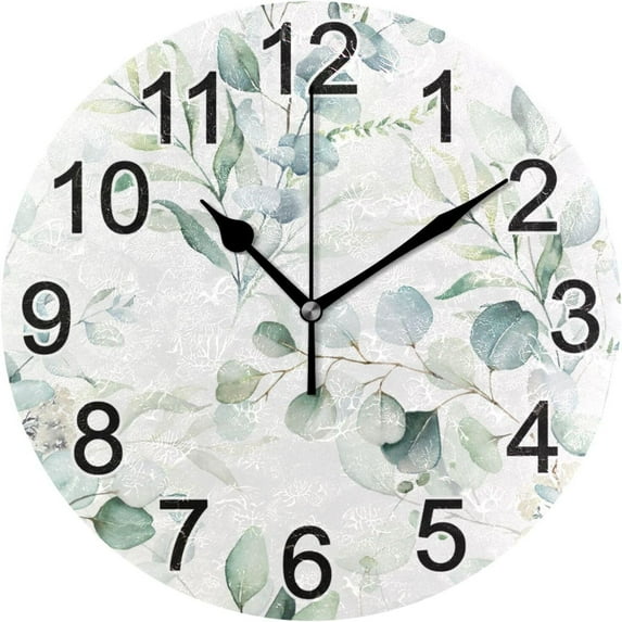 Green Eucalyptus Leaves Wall Clock Non Ticking Silent Kitchen Clock ...