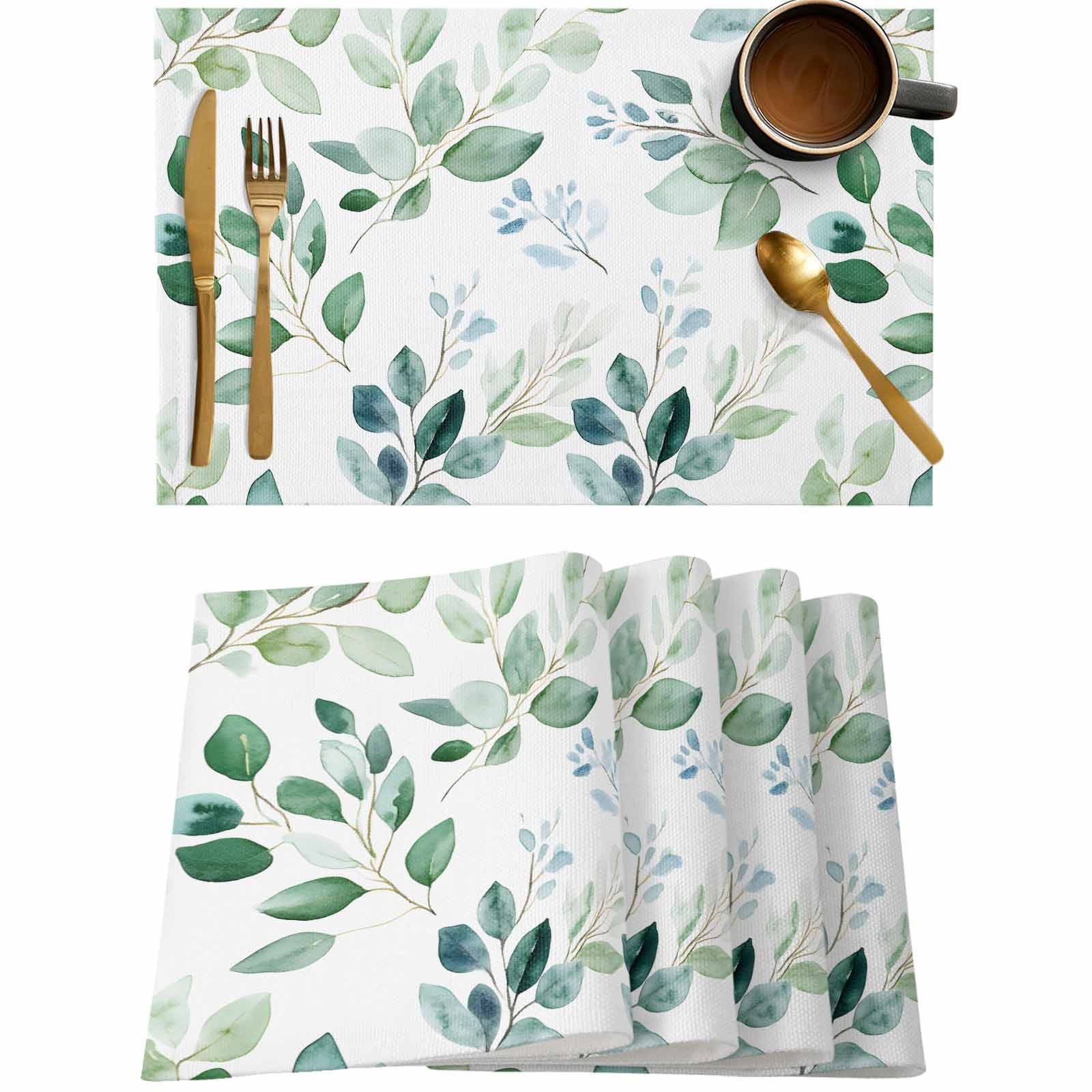 Green Eucalyptus Leaves on White Placemats Set of 4,Wipeable Washable Table Mats for Dining ...