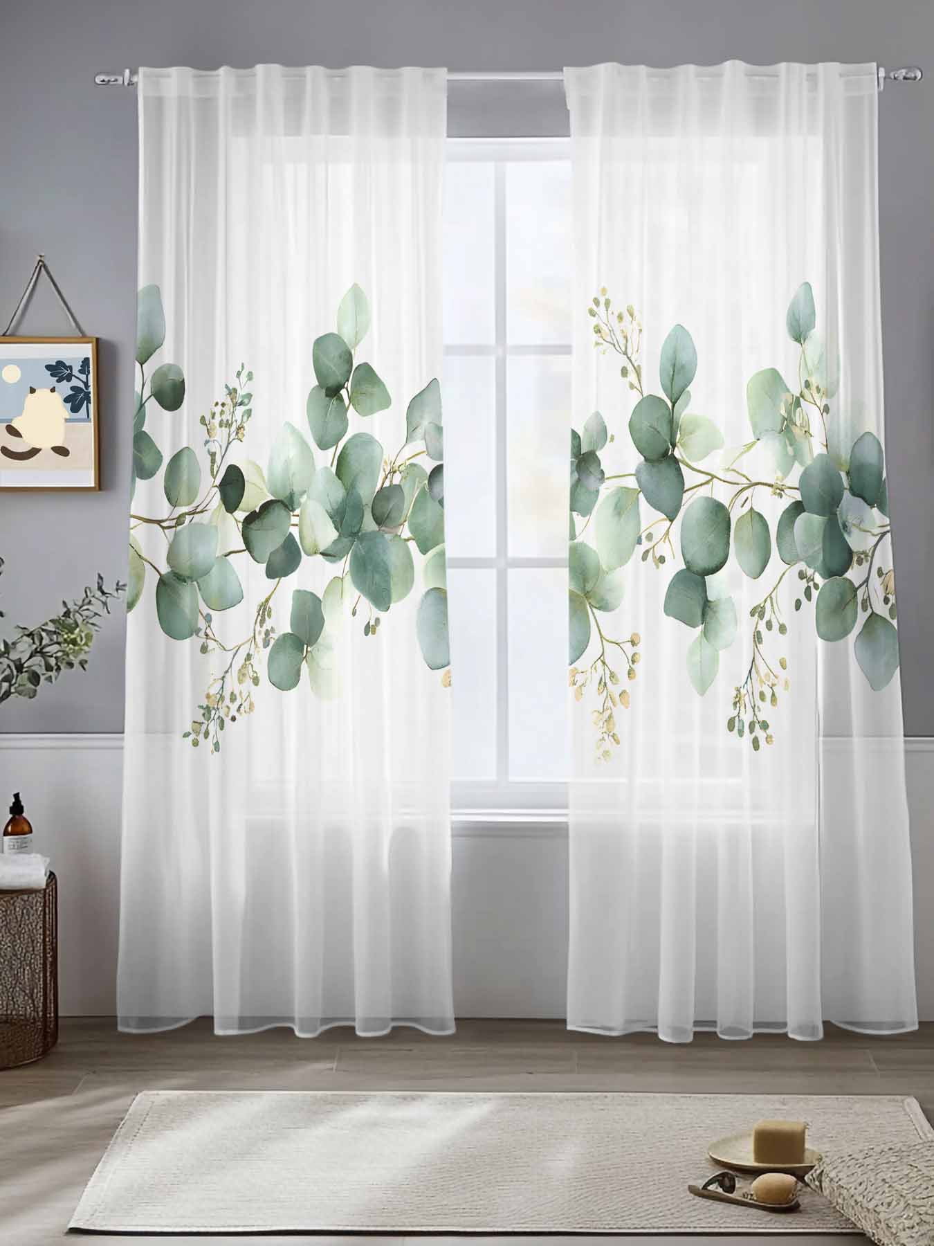 Green Eucalyptus Sheer Curtains for Living Room Bedroom Botanical ...