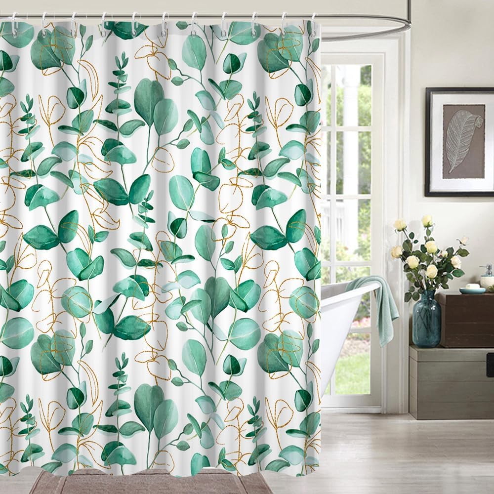 Green Eucalyptus Shower Curtain, Spring Turquoise and Gold Shower ...