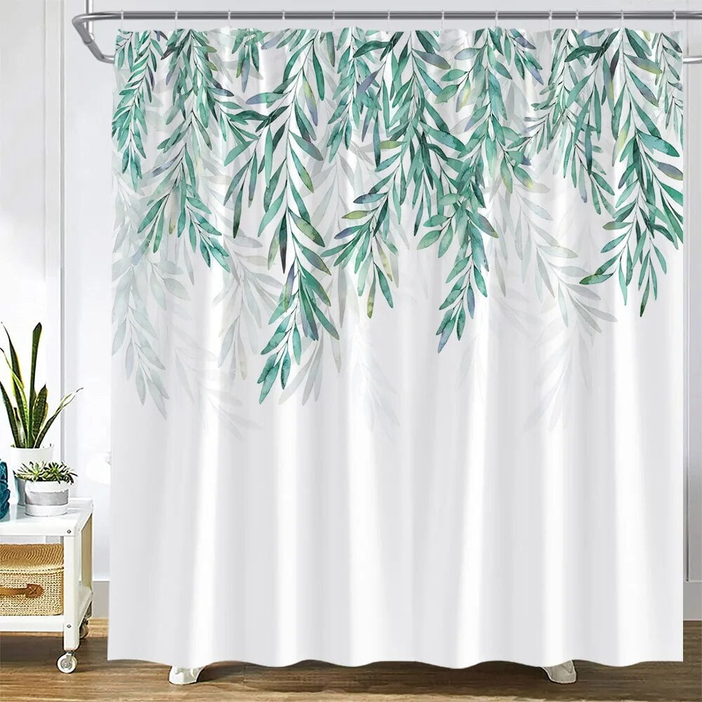 Green Eucalyptus Shower Curtains Watercolor Leaves On The Top Plant