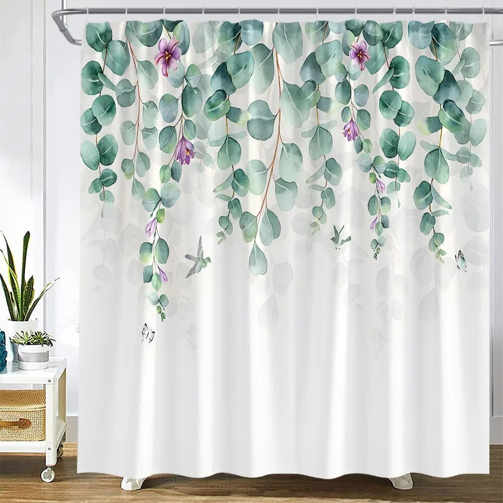 Green Eucalyptus Shower Curtains Watercolor Leaves On The Top Plant