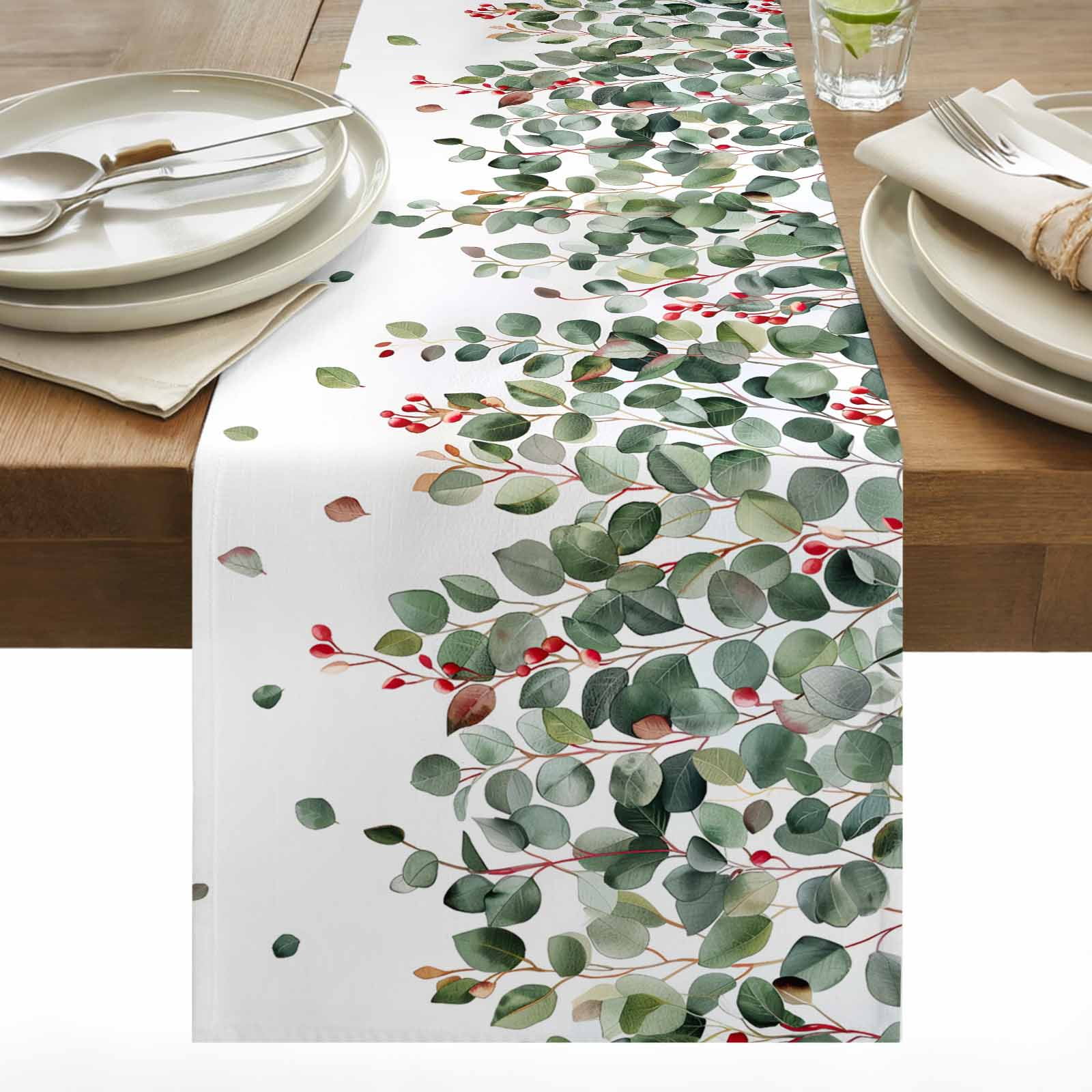 Green Eucalyptus Table Runner 13x120 inch Leaves and Fruit Cotton Linen ...