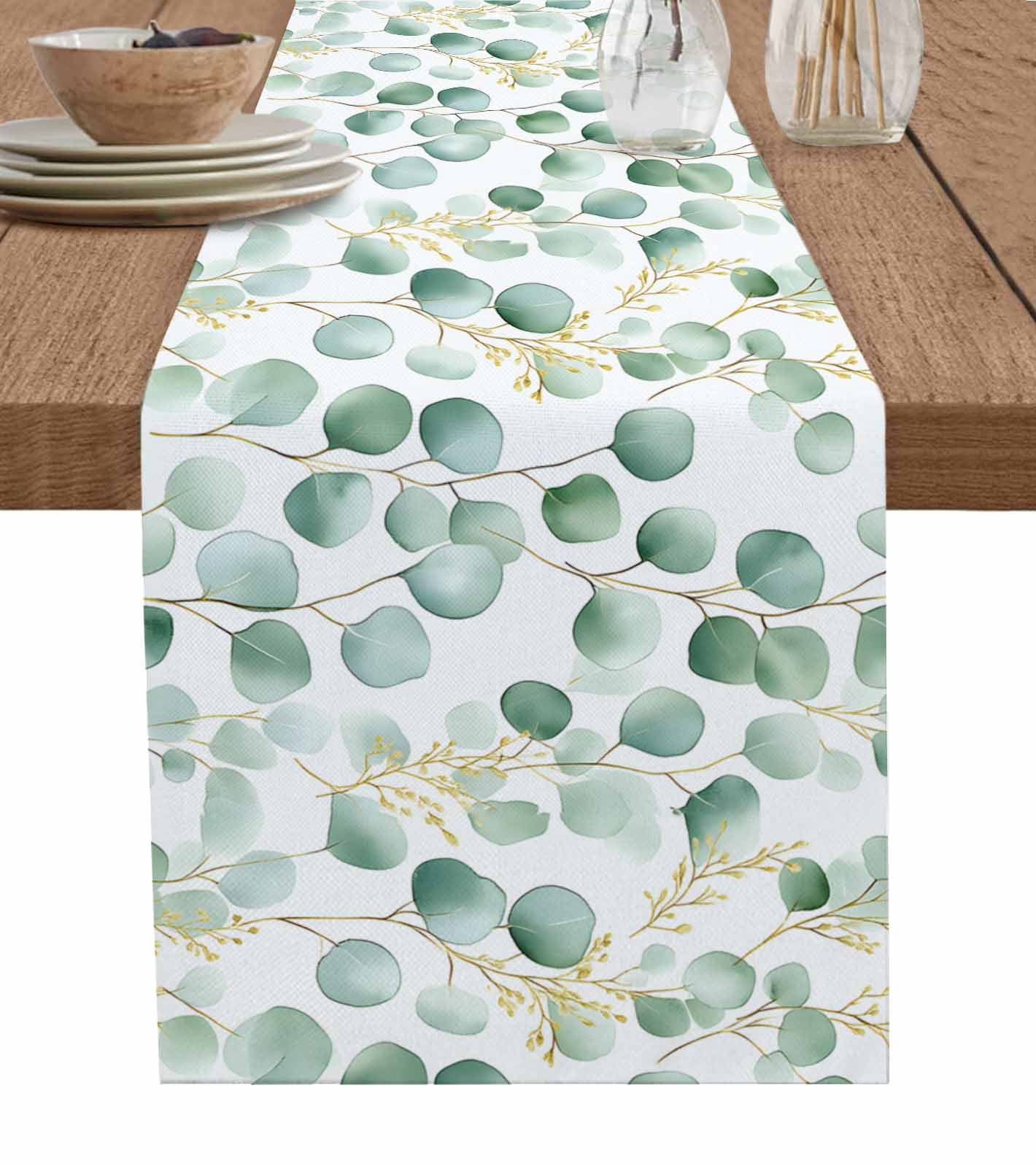 Green Eucalyptus Table Runner 48 Inches, Spring Summer Botanical Gold ...