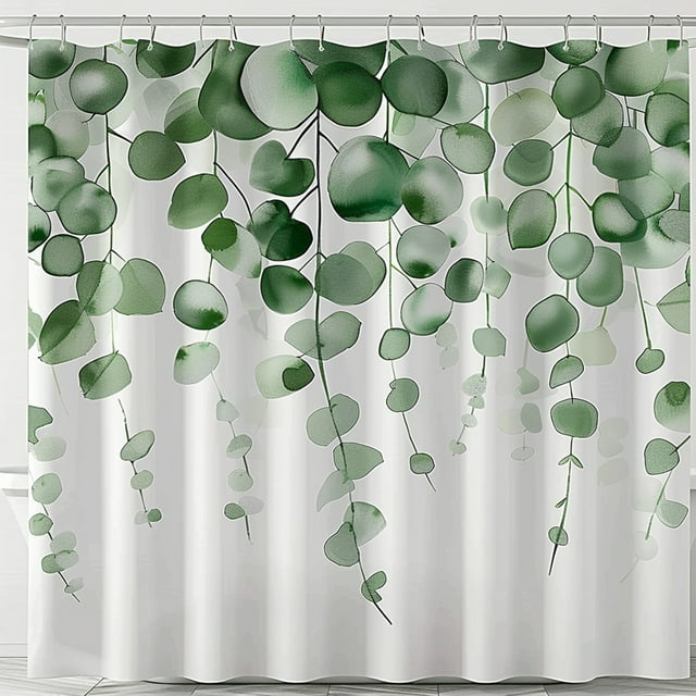 Green Eucalyptus Watercolor Shower Curtain White Background Nature