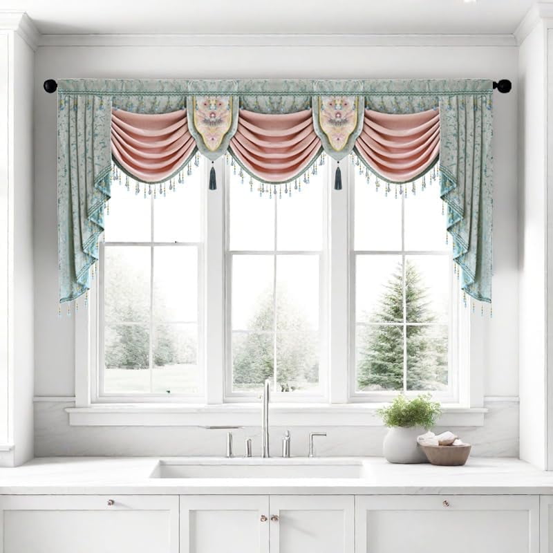 Green European Swag Waterfall Valance Luxury Floral Embroidery Curtain ...