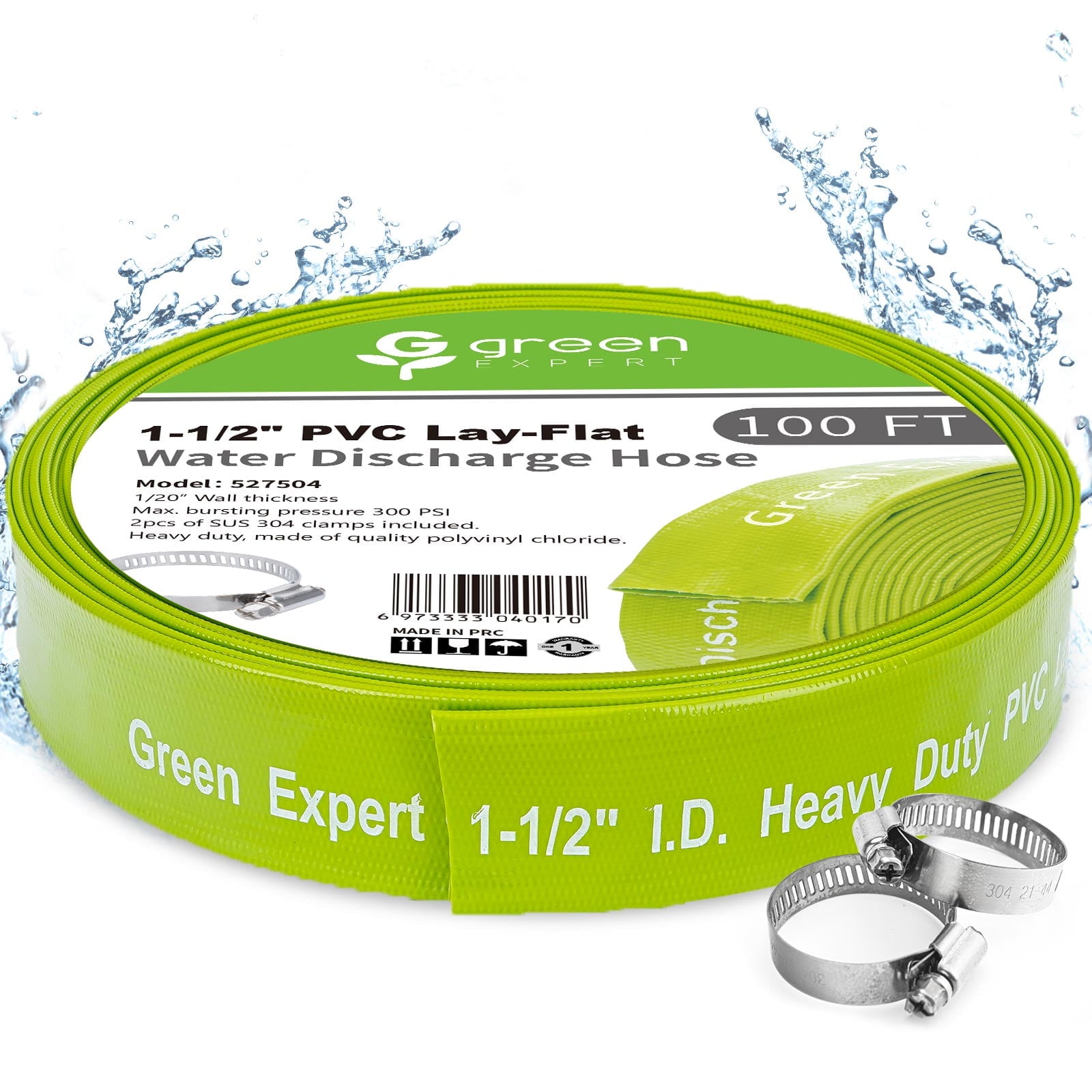 Green Expert 1-1/2" ID PVC Lay Flat Hose Sump Pump Discharge Accessory ...