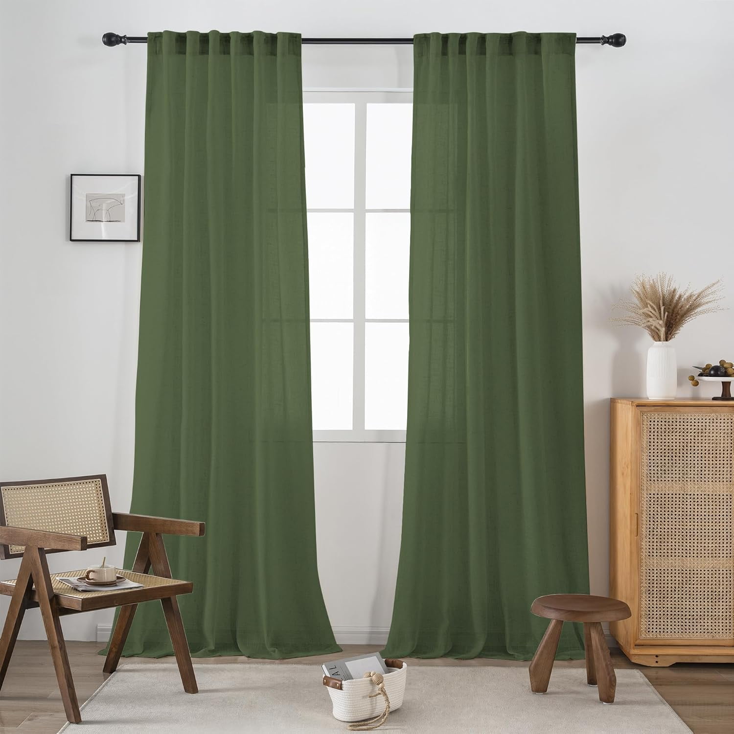 Green Extra Long Sheer Linen Curtain Panels 108 Inches for Living Room ...