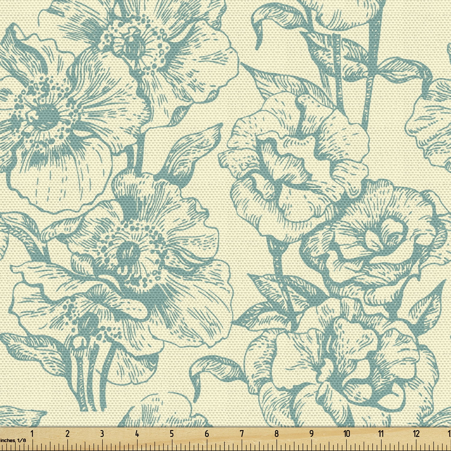 Green Fabric by the Yard, Botanical Flower Bouquet Arrangement Vintage ...