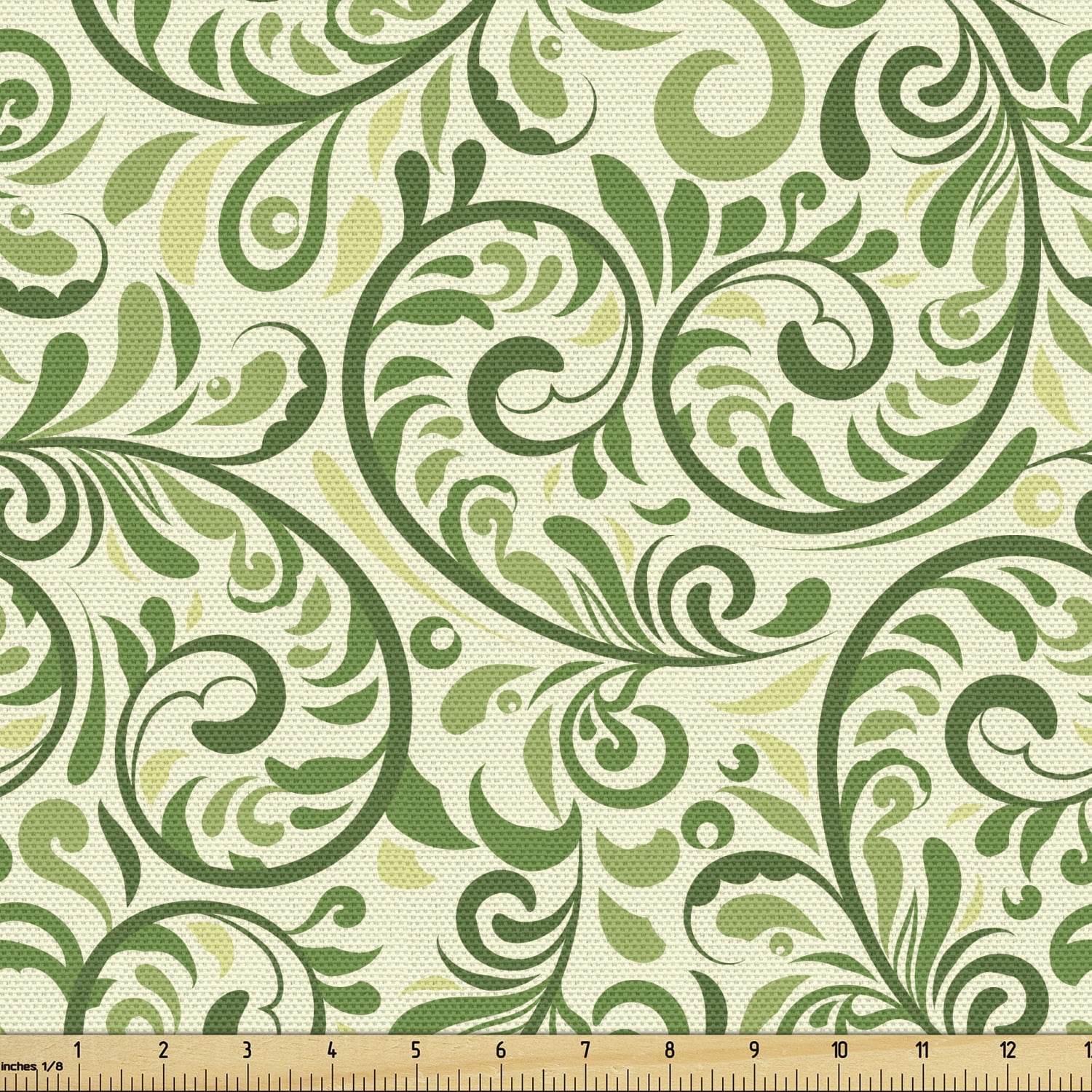 Ambesonne Green Fabric by the Yard Upholstery, Curly Ornate Leaf Damask ...