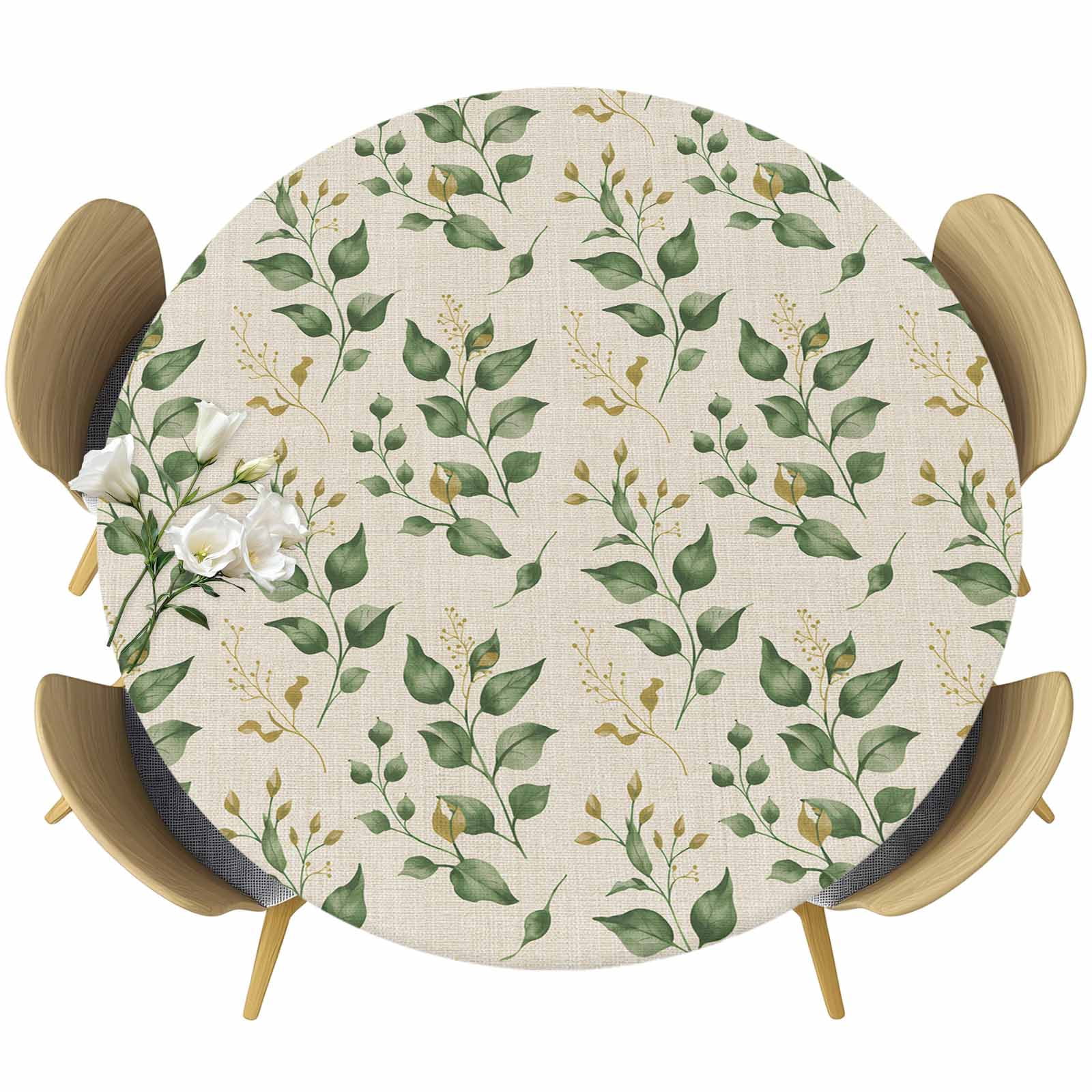 Green Fall Leaves Round Tablecloth 55-60 Inch Round Fitted Table Cloth ...
