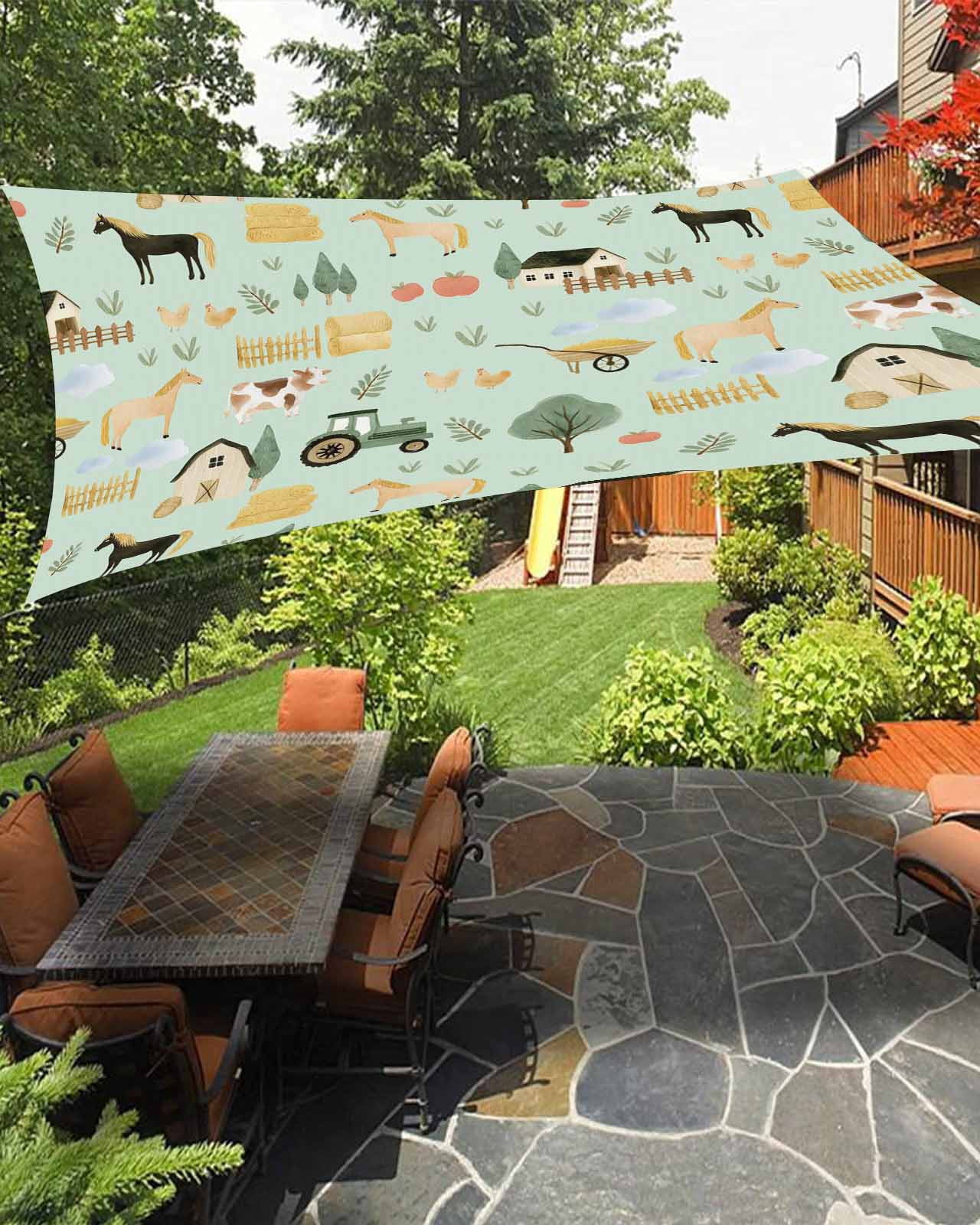 Green Farm Sun Shade Sail 12'X16' Farmhouse Cartoon Horse Cow Chicken ...