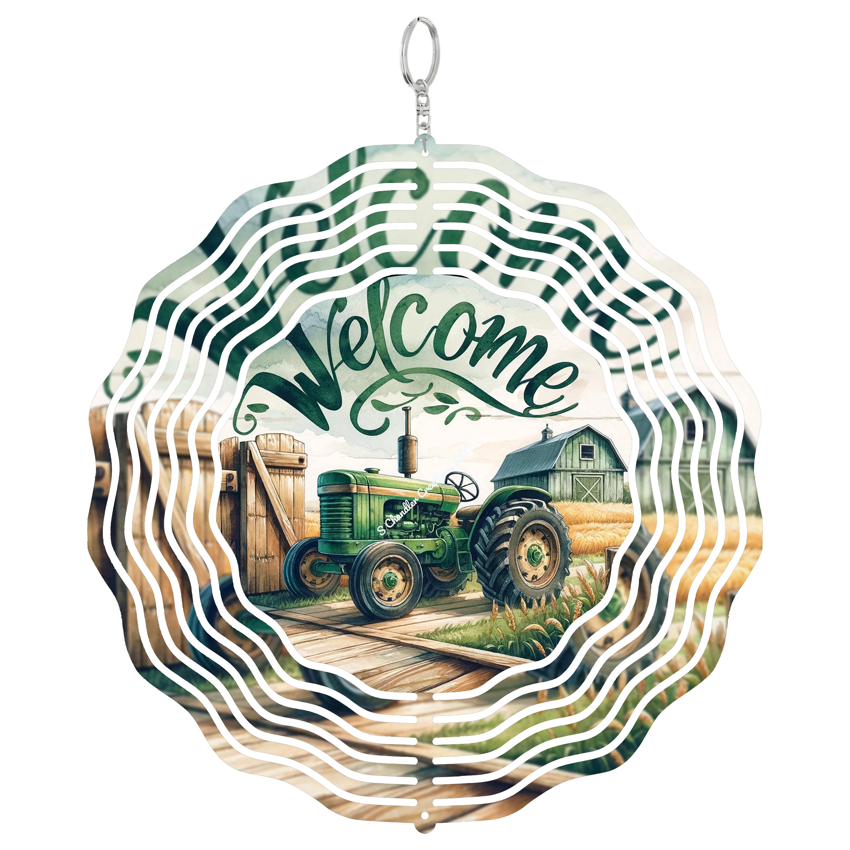 Green Farm Tractor 3D Wind Spinner, Rustic Country Hanging Ornament ...