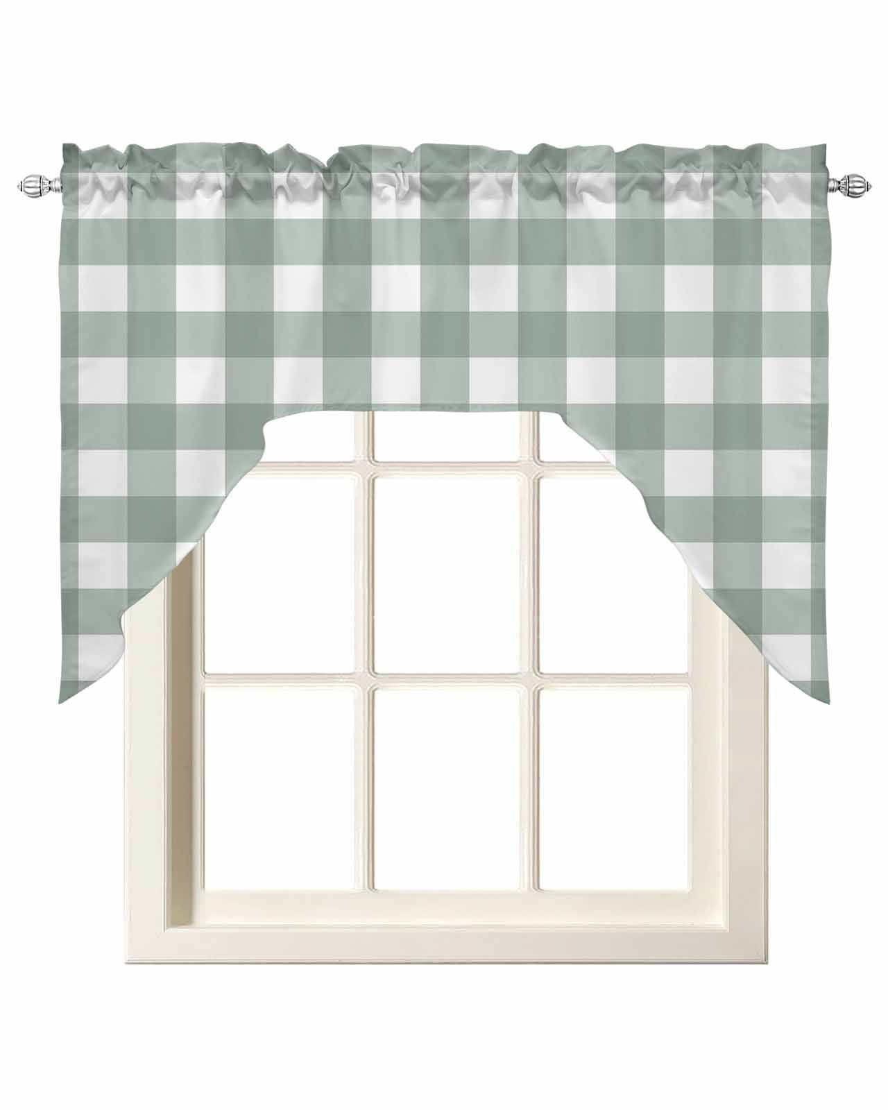 Green Farmhouse Kitchen Swag Valances for Windows, Buffalo Plaid Check ...