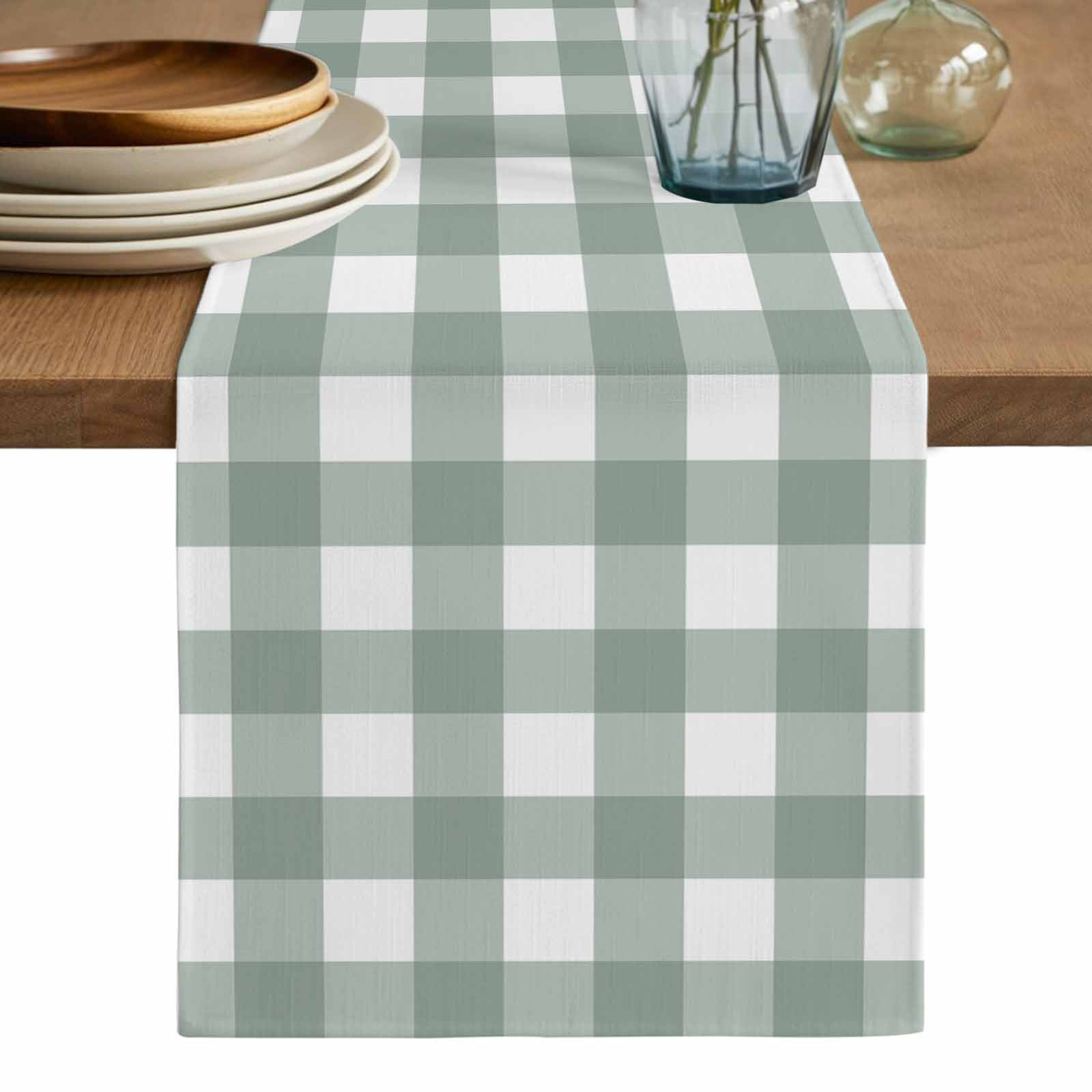 Green Farmhouse Table Runner, Buffalo Plaid Check Lattice White Grid ...