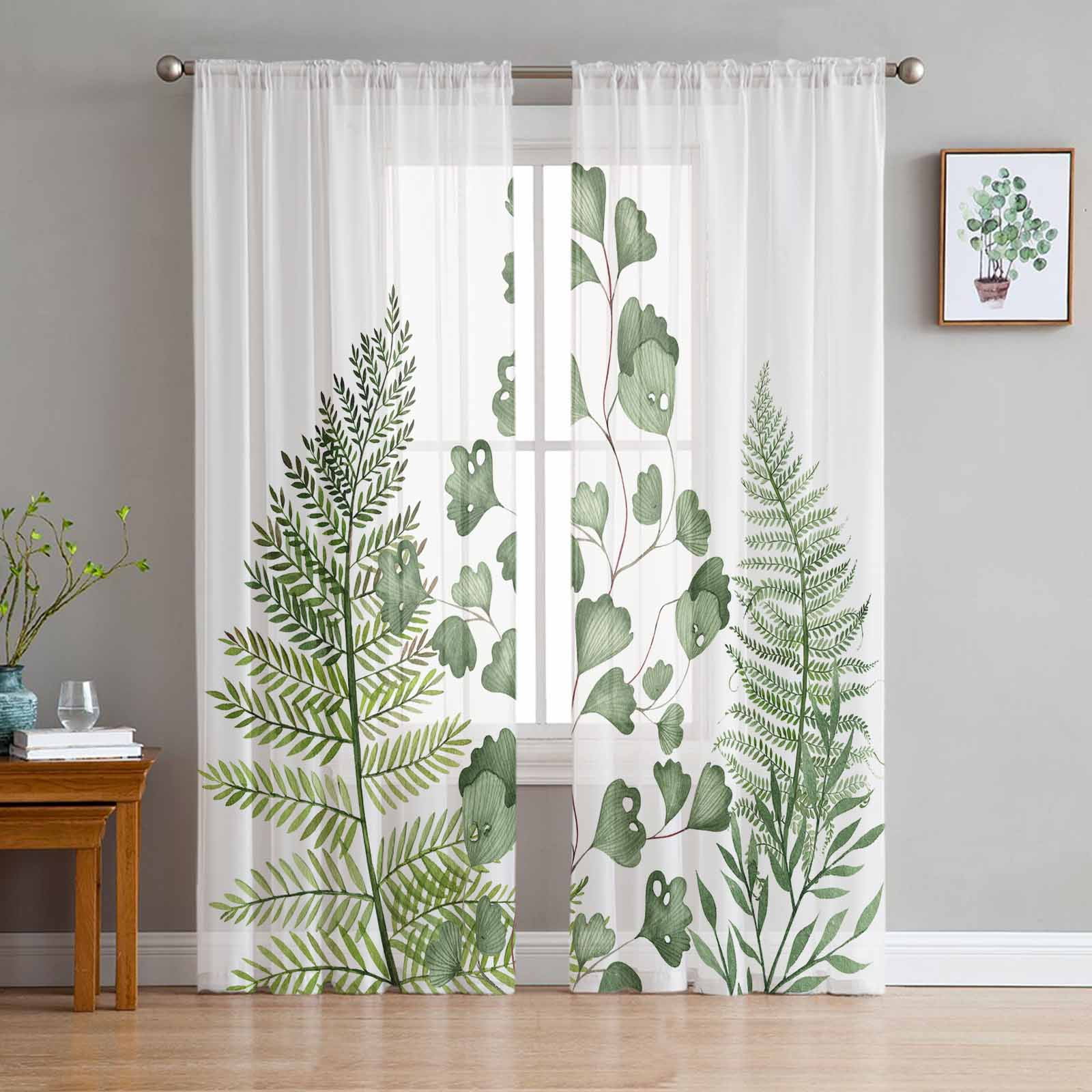Green Fern Plants Sheer Tulle Home ration Living Room Bedroom Cortinas ...