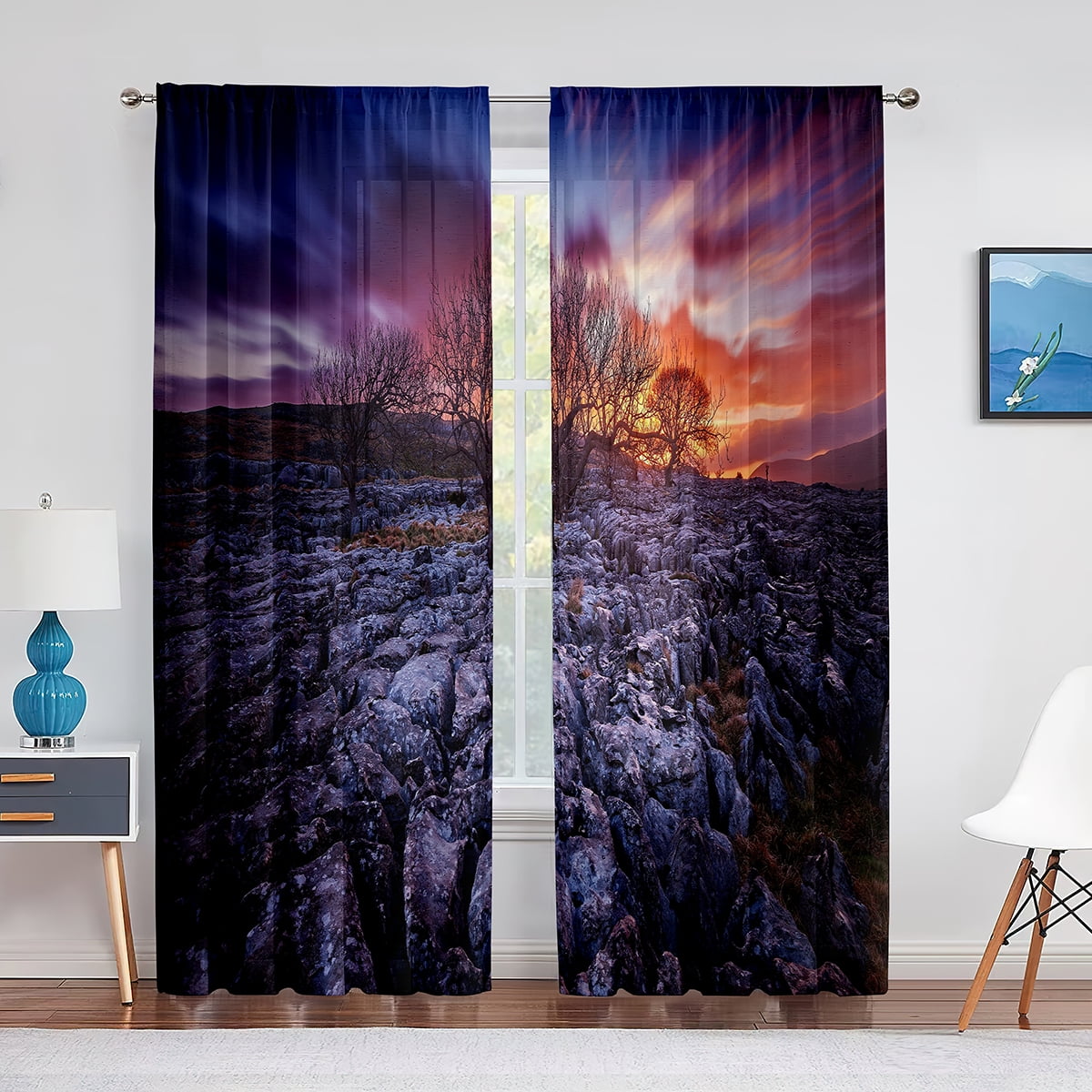 Green Field Landscape Rock St Sunset Sheer Curtain Living Room Bedroom ...