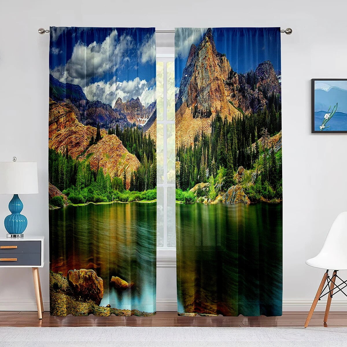 Green Field Landscape Rock Stone Sunset Sheer Curtain Living Room ...