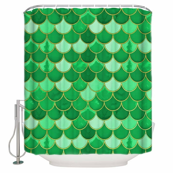 Green Fish Scale Bathroom Shower Curtains with 12 Hooks Polyester ...