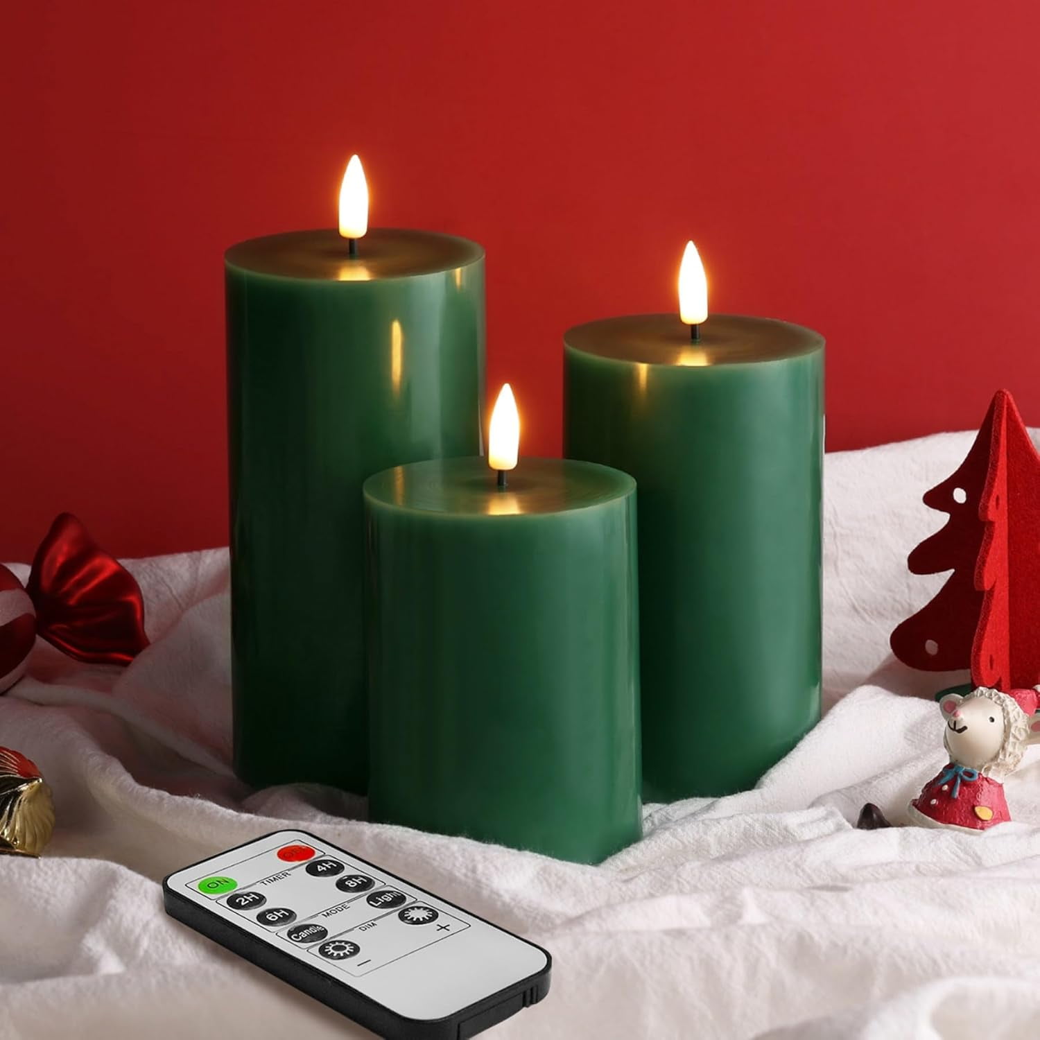 Green Flameless Pillar Candles with Remote, Real Wax Flickering Battery ...