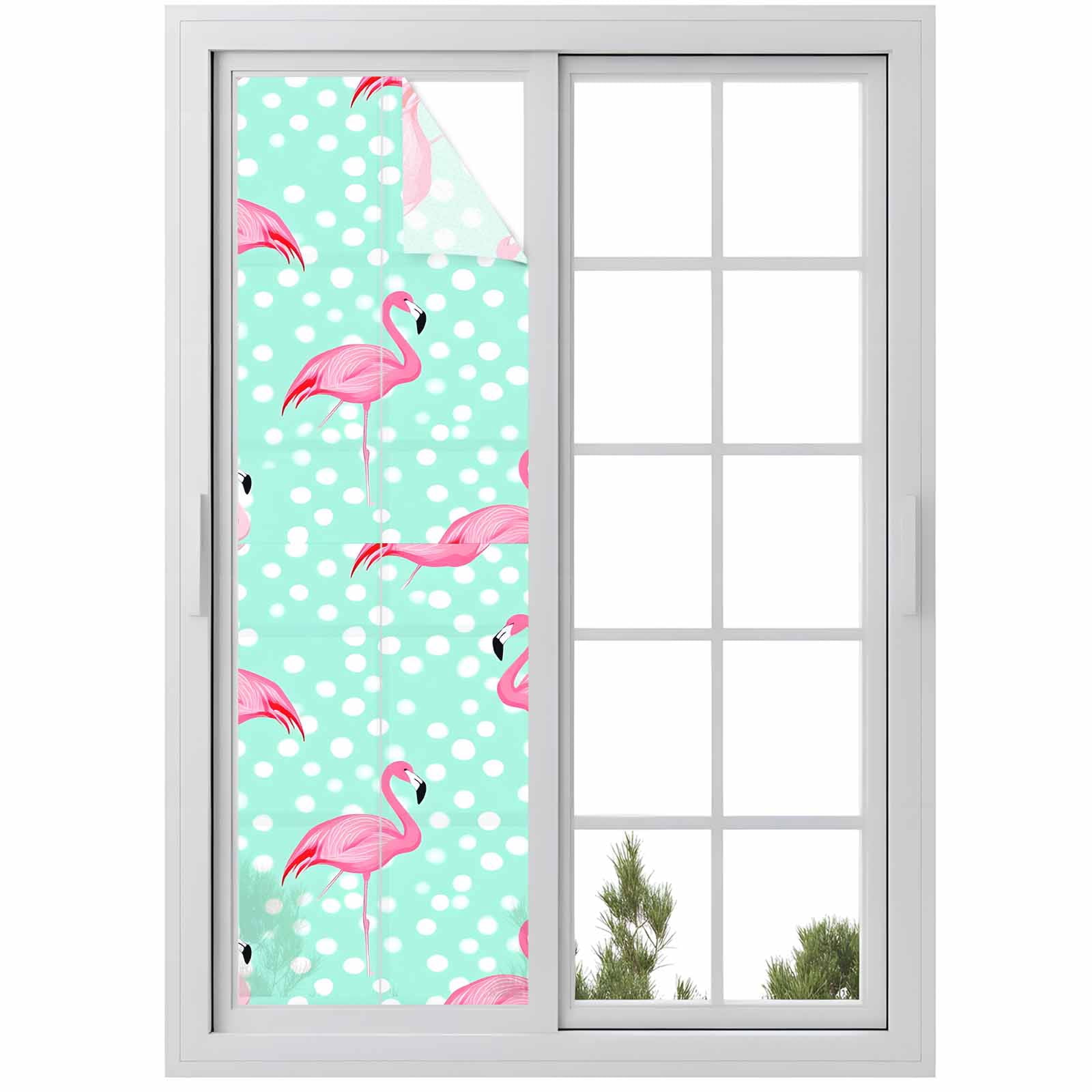 Green Flamingo Window Privacy Film, Polka Dot Modern Art Static Cling ...