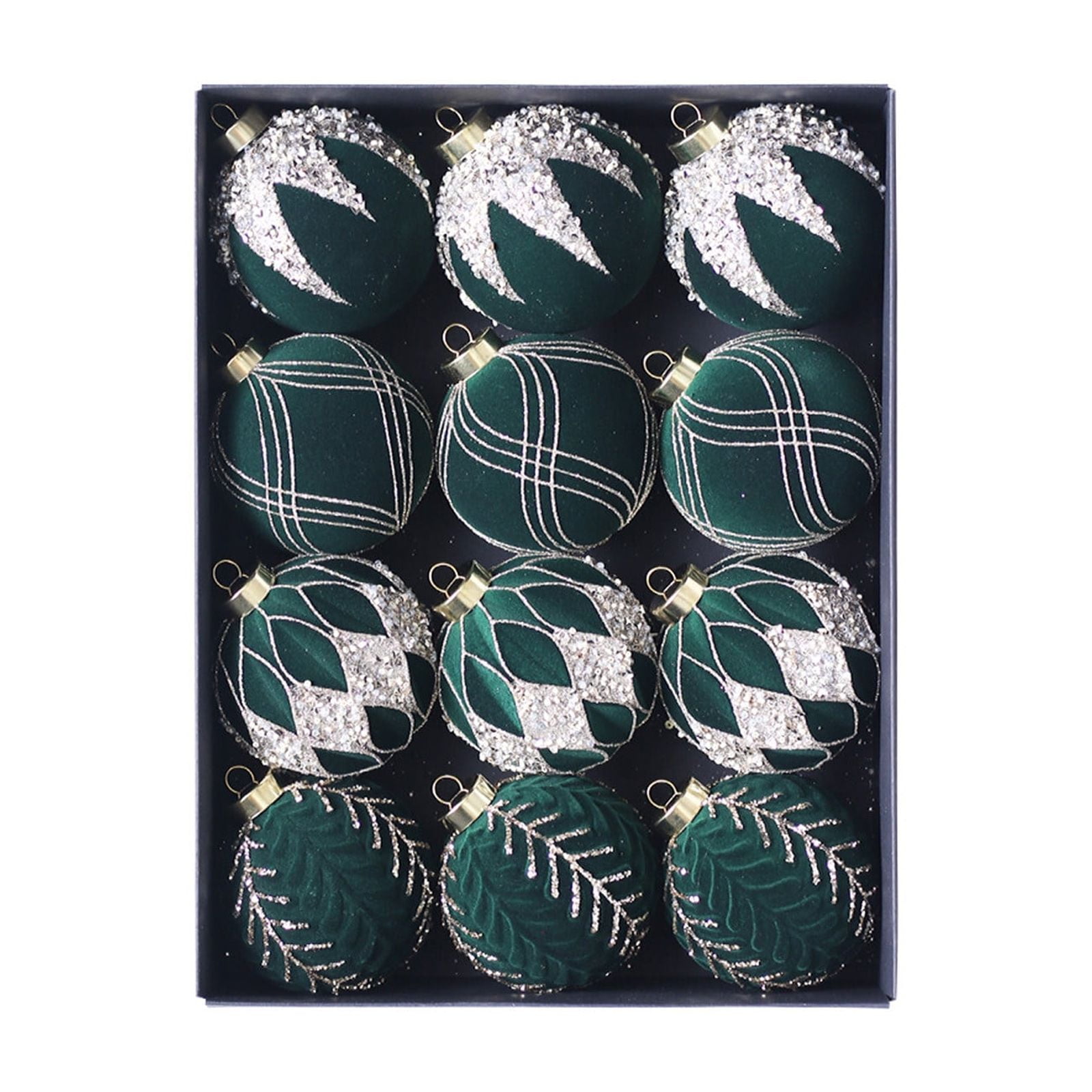 Green Flocking Christmas Balls Set With Various Shapes For Festive ...