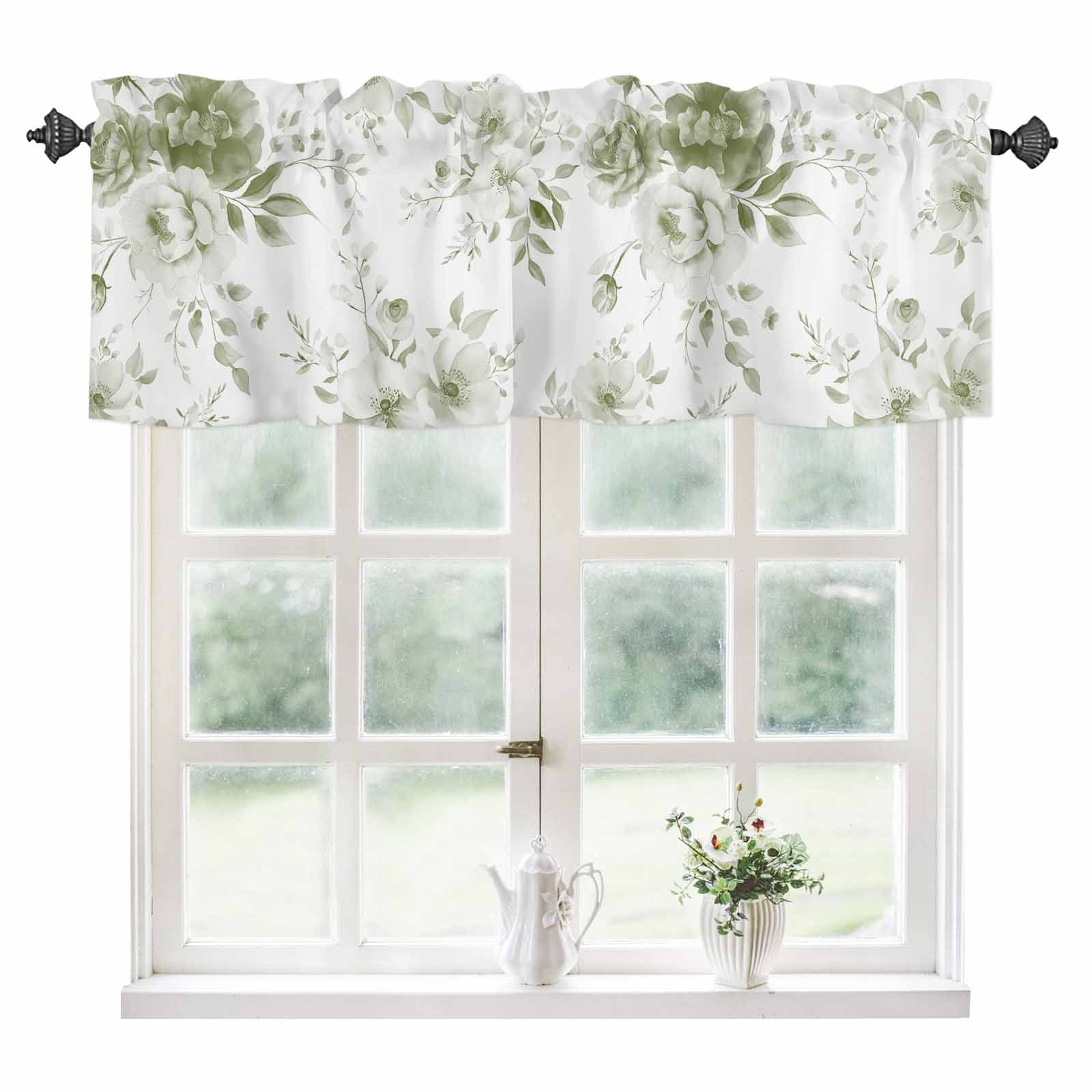 Green Floral Art Kitchen Valances for Windows 42x18 Inch Kitchen ...