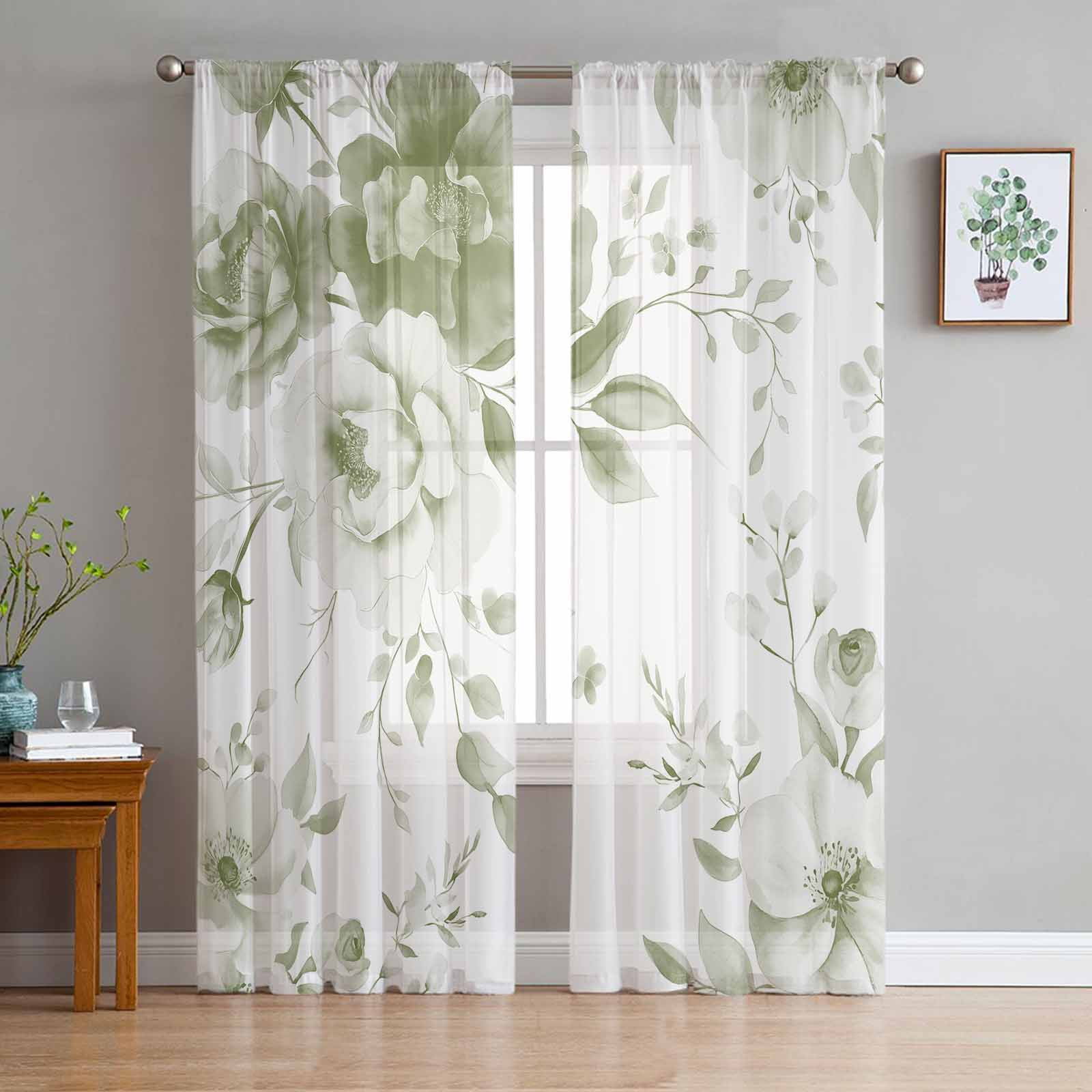 Green Floral Art Semi Sheer Curtains 72 Inch Length 2 Panels Set ...