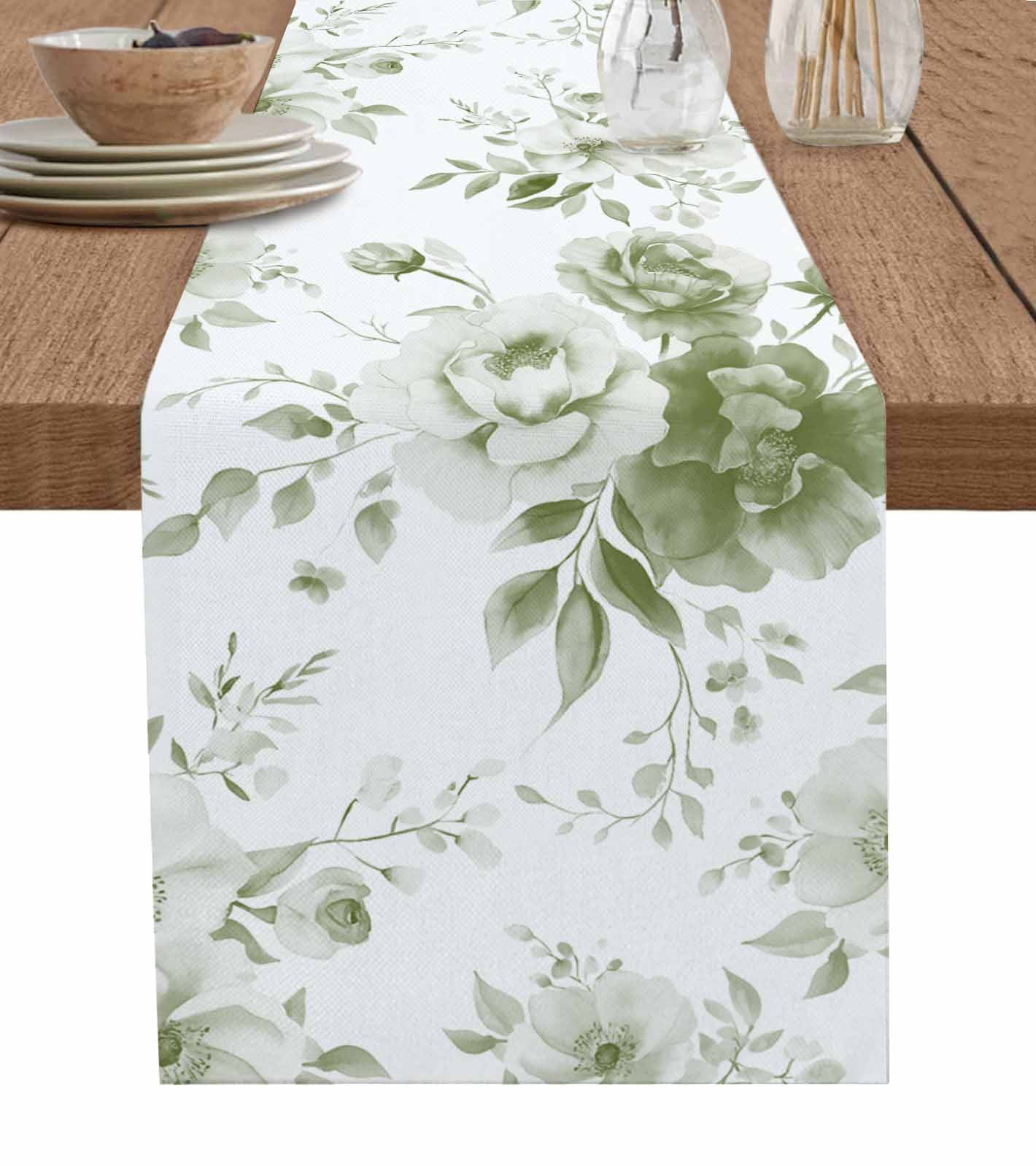 Green Floral Art Table Runner Watercolor Botanical Spring Flowers ...