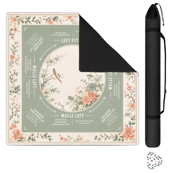 Green Floral Bird Chinoiserie Mahjong Mat 31.5 x 31.5in Non-Slip with ...