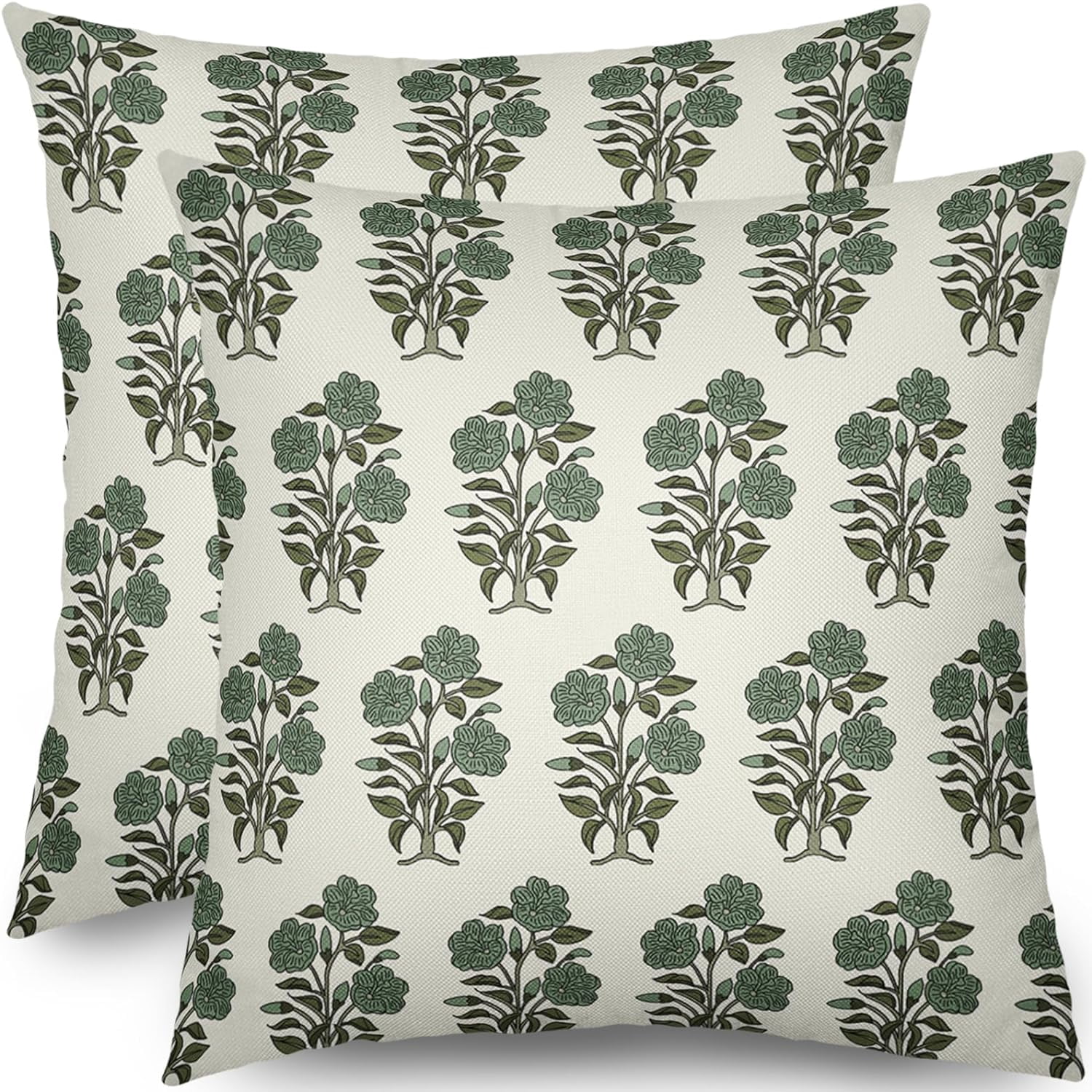 Green Floral Block Print Pillow Covers 20x20 Set of 2 Chinoiserie ...