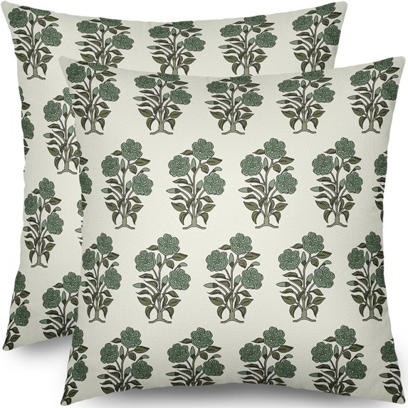 Green Floral Block Print Pillow Covers 20x20 Set of 2 Chinoiserie ...