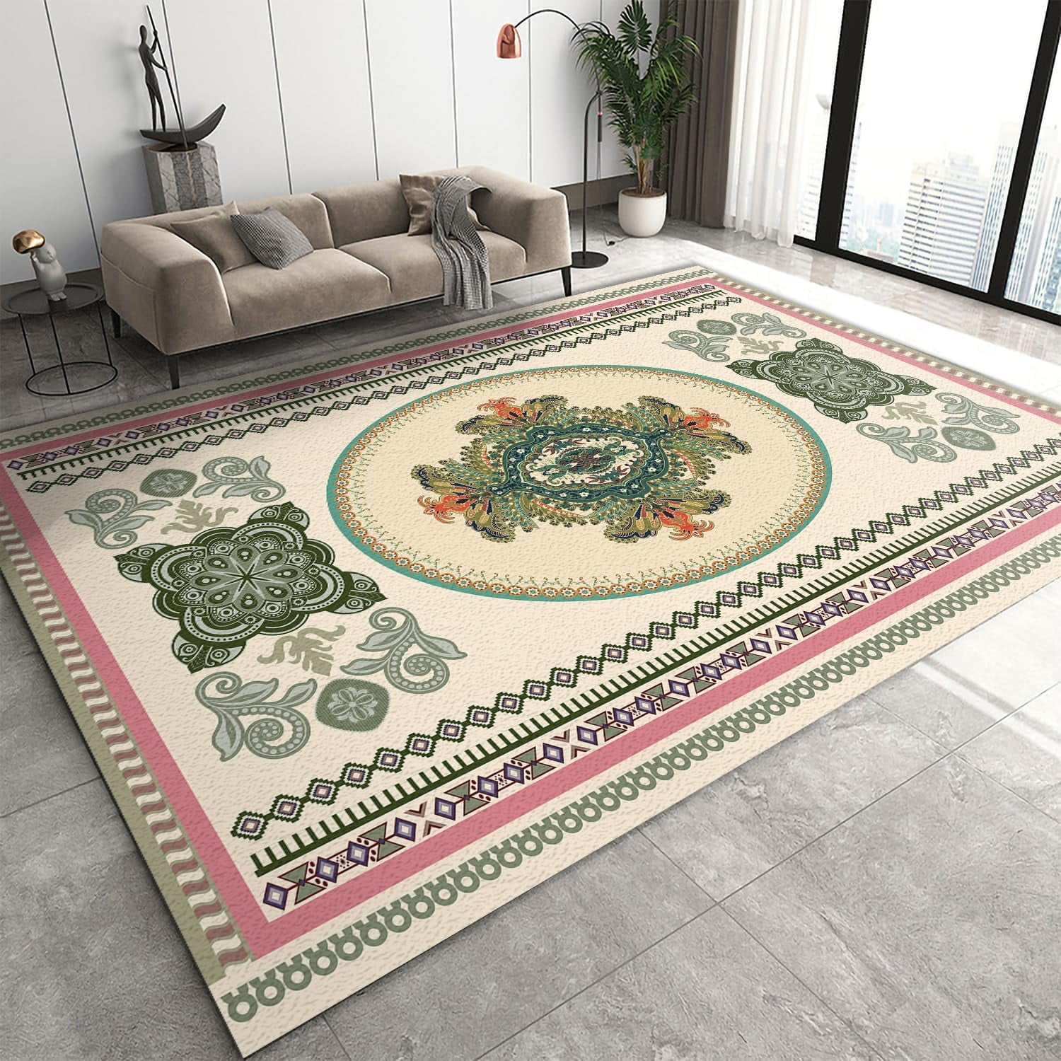 Green Floral Boho Hallway Rug, Unique Exquisite Geometry Living Room Rug, Non Slip Rubber Backed ...
