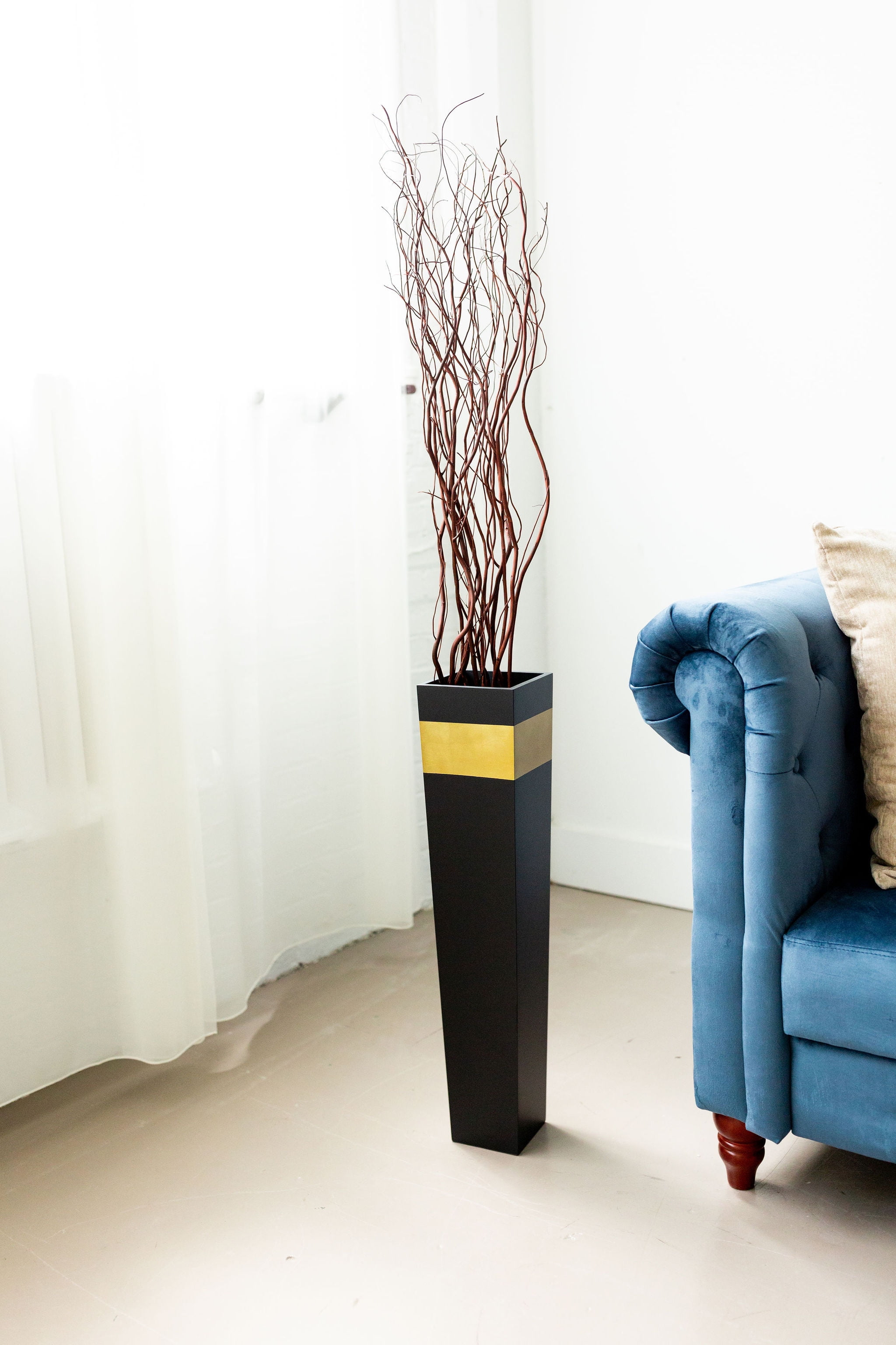 Green Floral Crafts | 36" Tapered Tall Black Floor Vase - Gold Accent ...