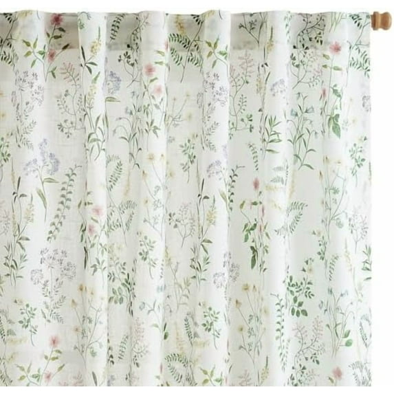 Green Floral Curtains 63 Inch Length Linen Farmhouse Curtain Back Tab ...