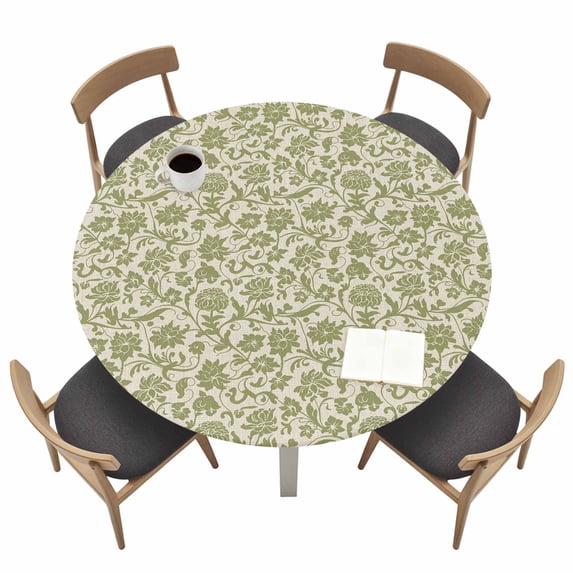 Green Floral Fitted Tablecloth with Elastic Edged, Round Table Cloth ...