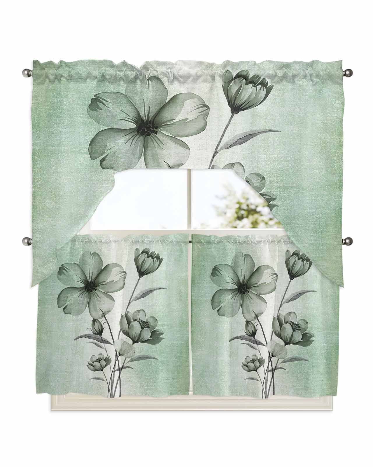 Green Floral Kitchen Curtains Swag Valance and Tier Curtains Set 24 ...