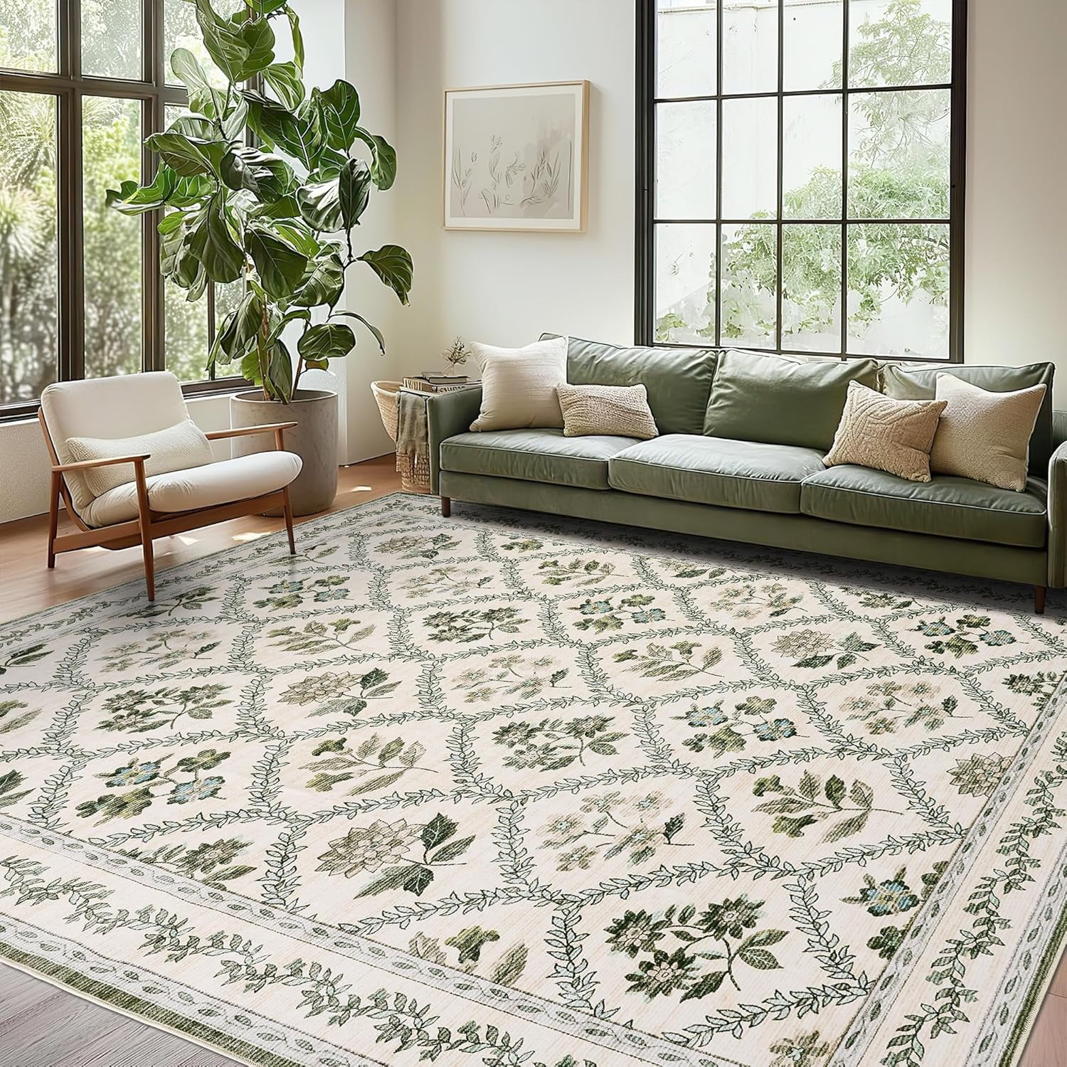 Green Floral Living Room Rug 5x8 Olive Green and Beige Area Rug ...