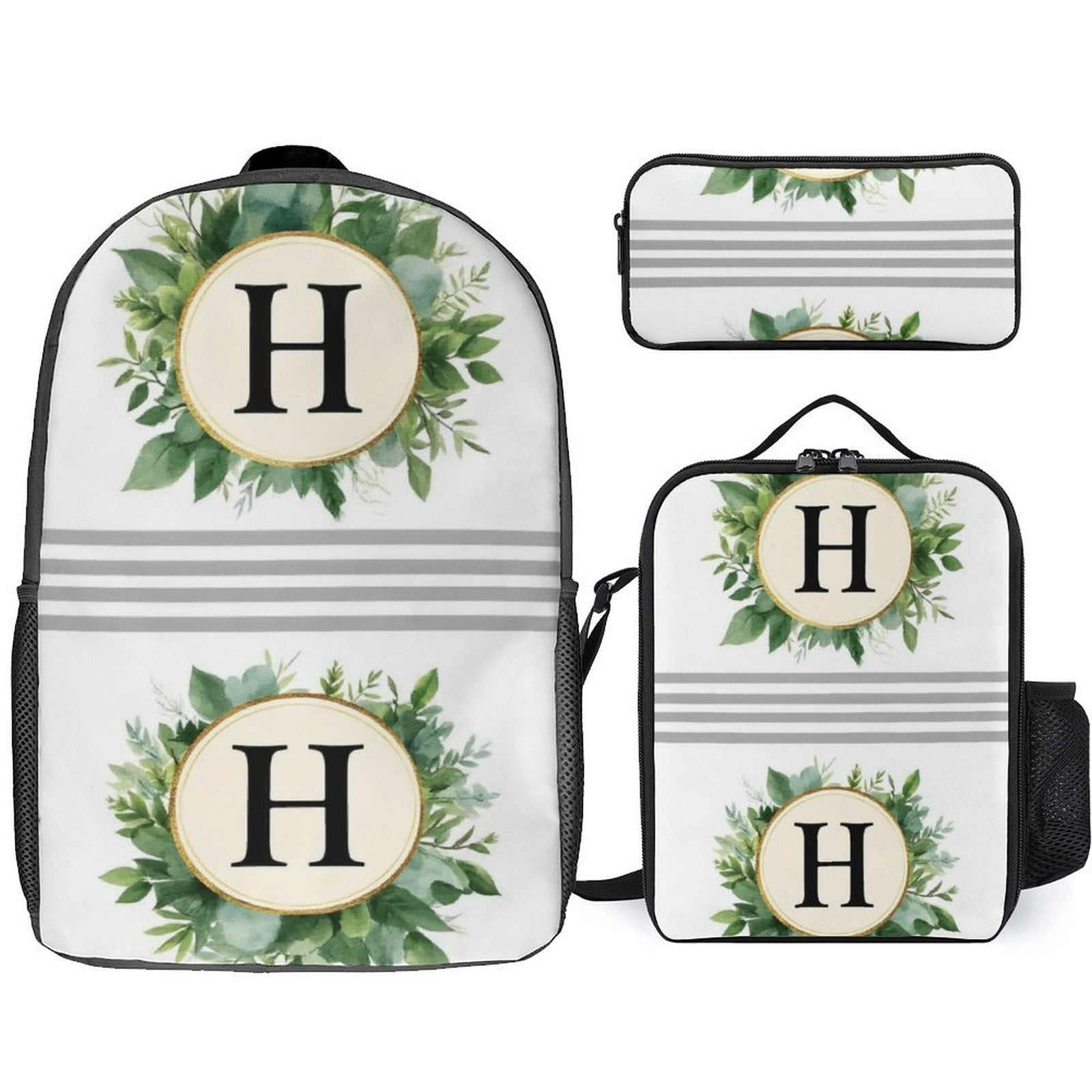 Green Floral Monogram H 3D Printed 3pcs/Set Bags Laptop Daypack ...