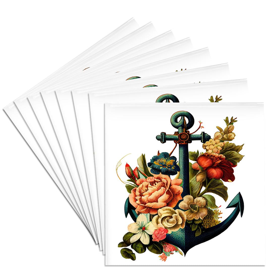 3drose, Green Floral Nautical Anchor Illustration, Set of 8 Ceramic ...