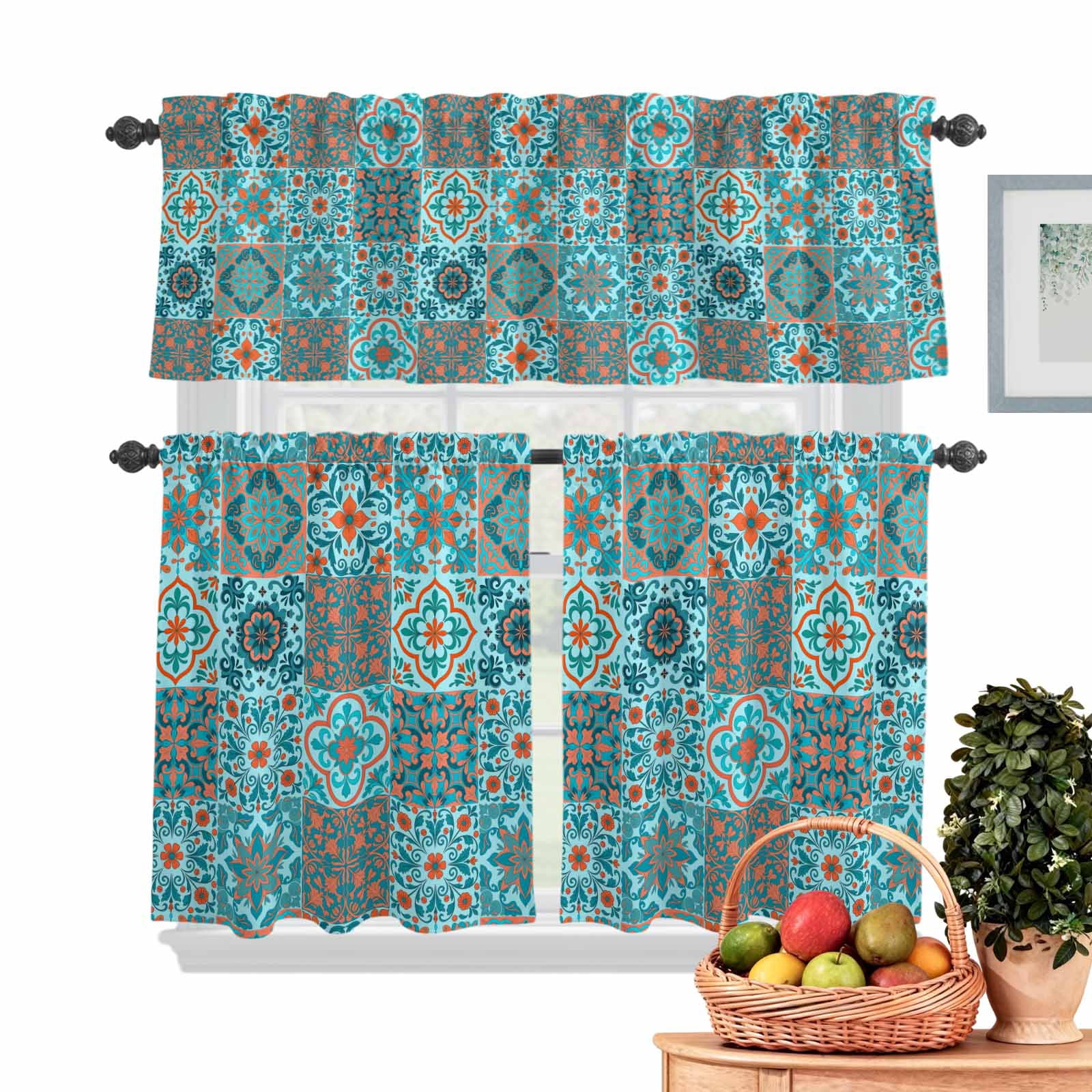 Green Floral Pattern Kitchen Curtains Valances 3 Piece Set, Orange ...