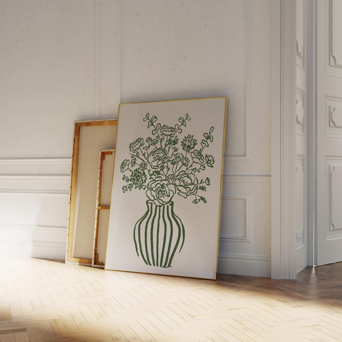 Green Floral Print Trendy Vase Poster, Retro Stripe Vase Print Hand ...