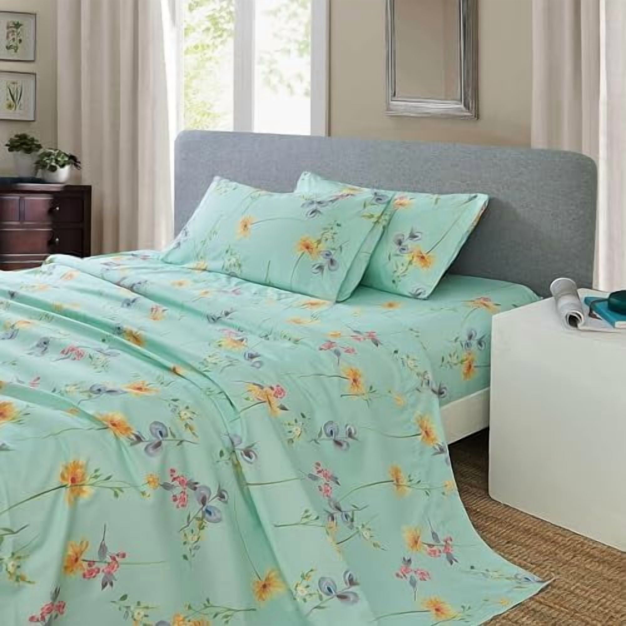 Green Floral Printed Sheet Set Cal King, 4 Piece Soft Botanical ...